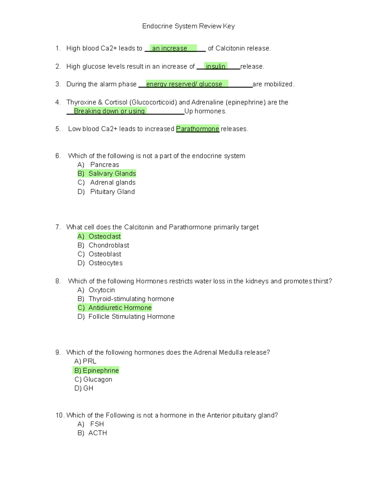 Endocrine system review Key - Endocrine System Review Key High blood ...
