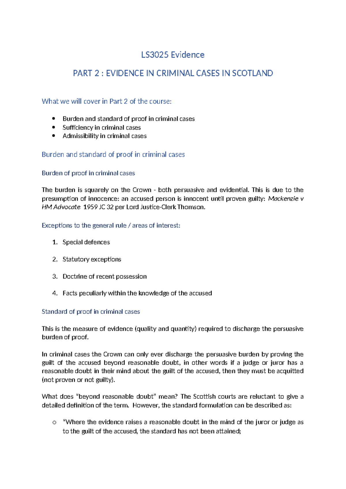LS3025 Evidence Part 2 Handout - LS3025 Evidence PART 2 : EVIDENCE IN CRIMINAL CASES IN SCOTLAND ...