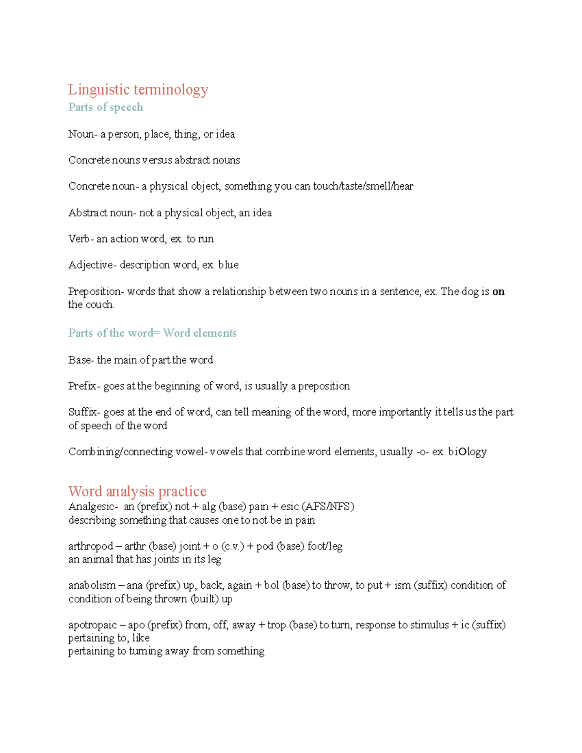 Lessons 1 and 2 Worksheet (key) - Linguistic terminology Parts of ...