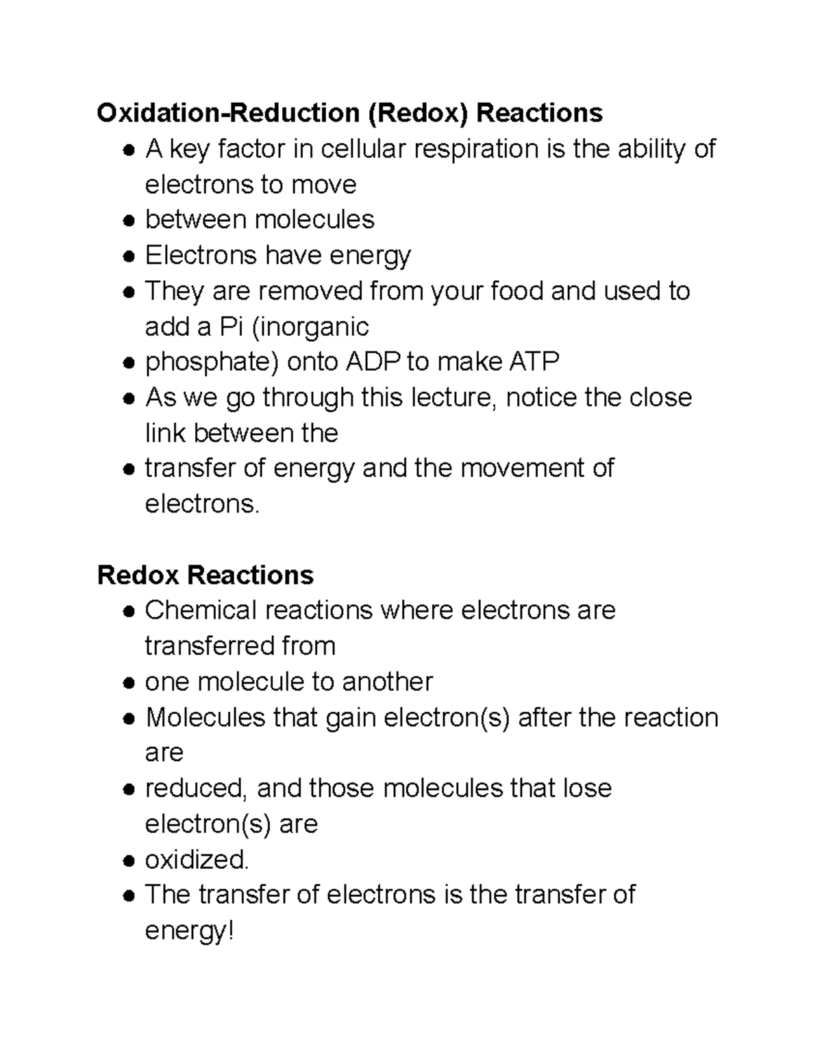 BIOL 1345 Module 6 Cellular Respiration - Oxidation-Reduction (Redox) Reactions A key factor in ...
