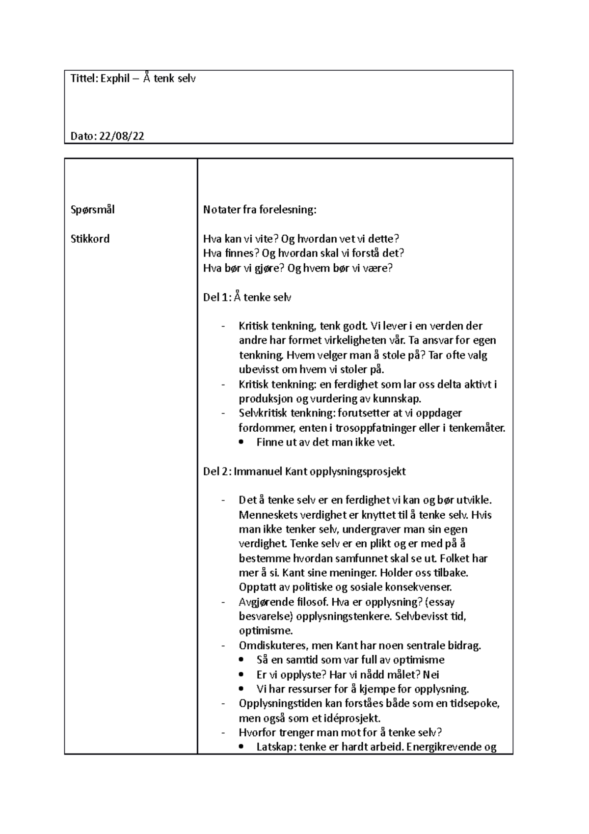 Tenk selv - Tenk selv notater - Tittel: Exphil – Å tenk selv Dato: 22/08/ Spørsmål Stikkord ...