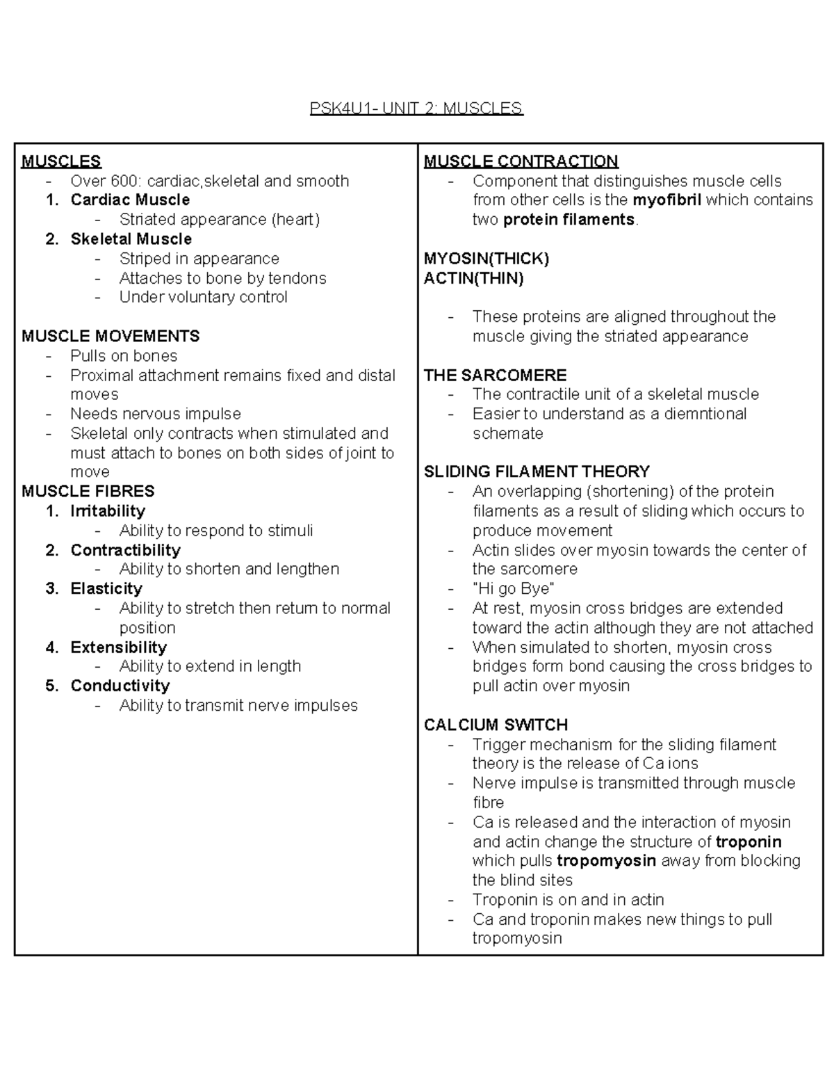 Muscle notes- summary - PSK4U1- UNIT 2: MUSCLES MUSCLES Over 600 ...