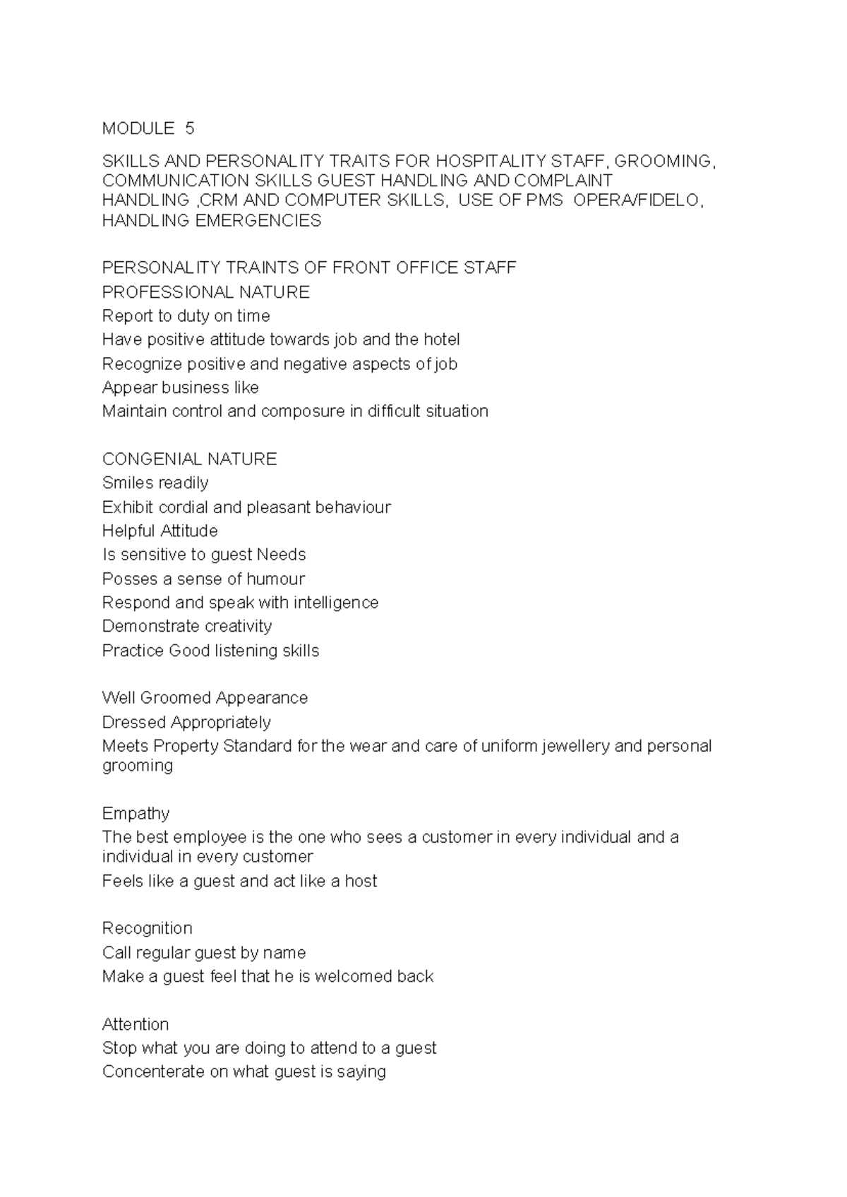 Module 5 Hospitality Management - MODULE 5 SKILLS AND PERSONALITY ...