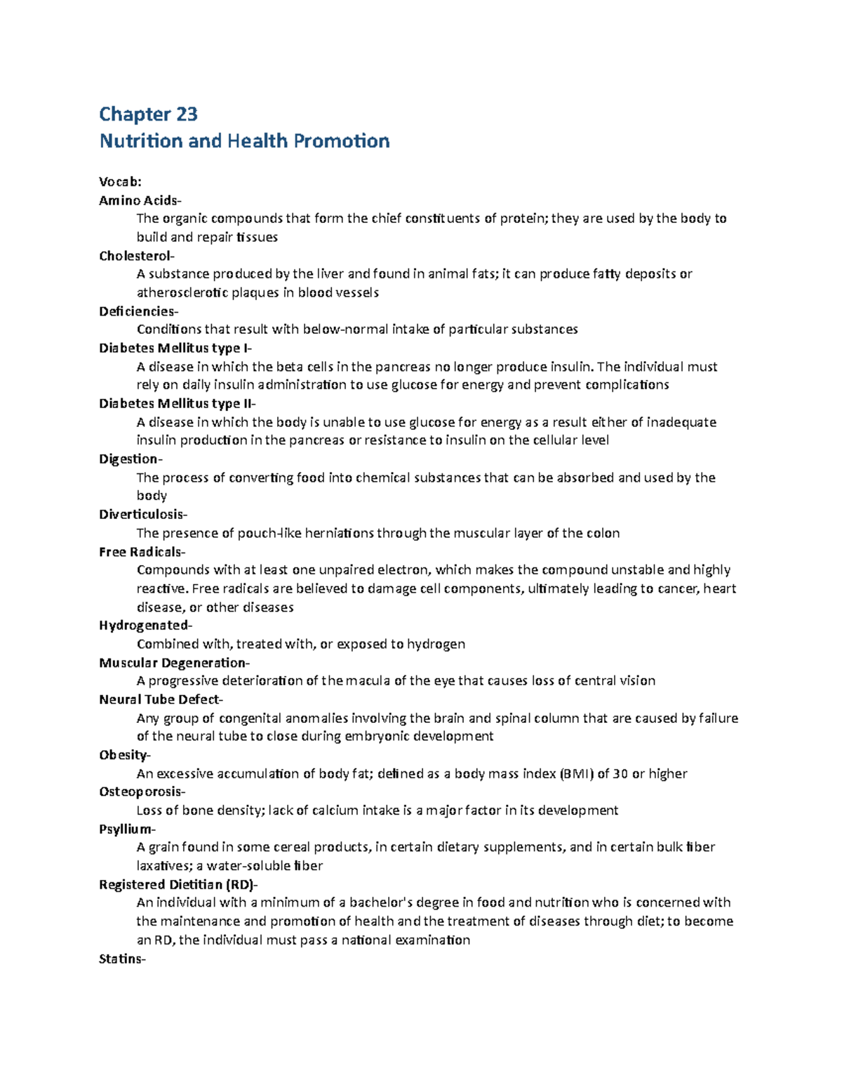CH 23 Notes - Chapter 23 Nutrition and Health Promotion Vocab: Amino ...