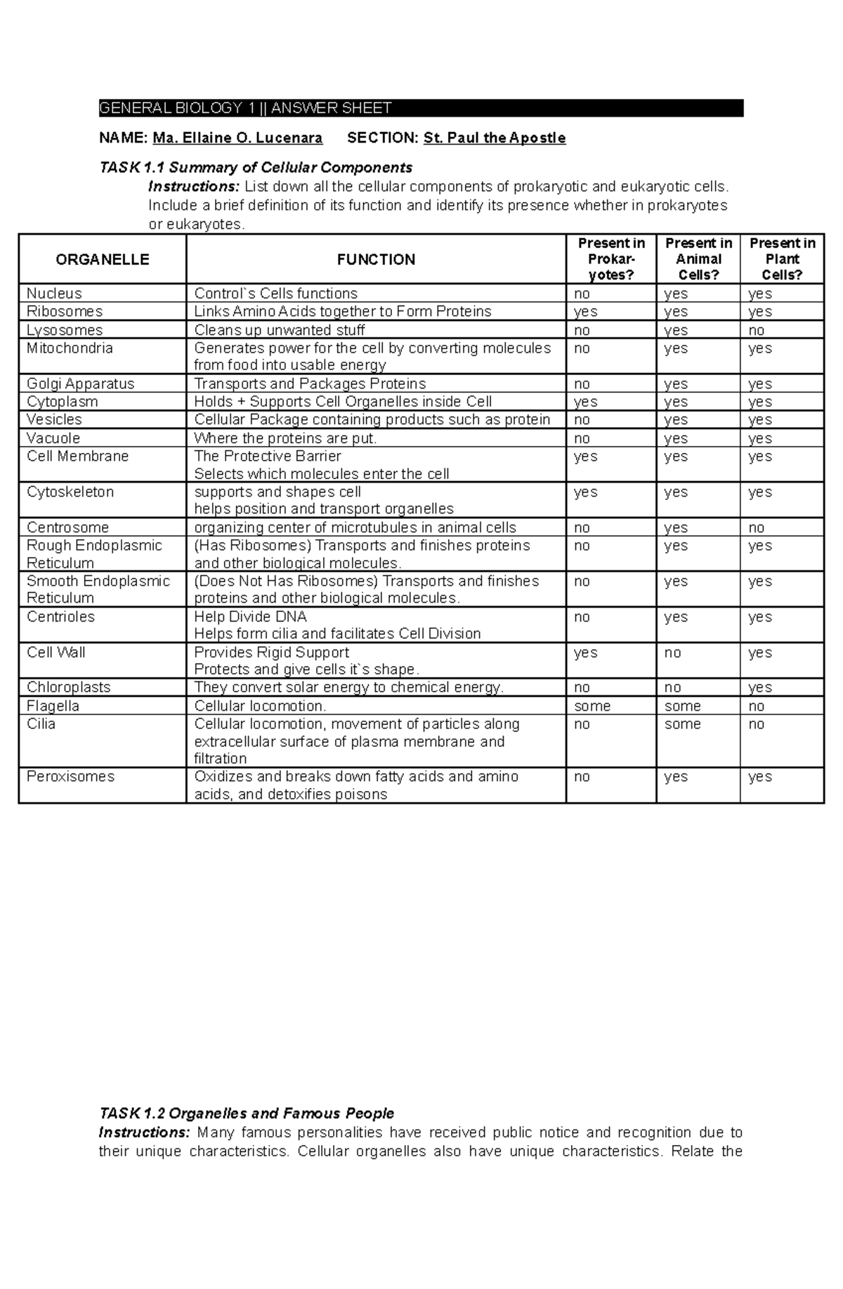 WEEK3TASK1 lecture notes - GENERAL BIOLOGY 1 || ANSWER SHEET NAME: Ma ...