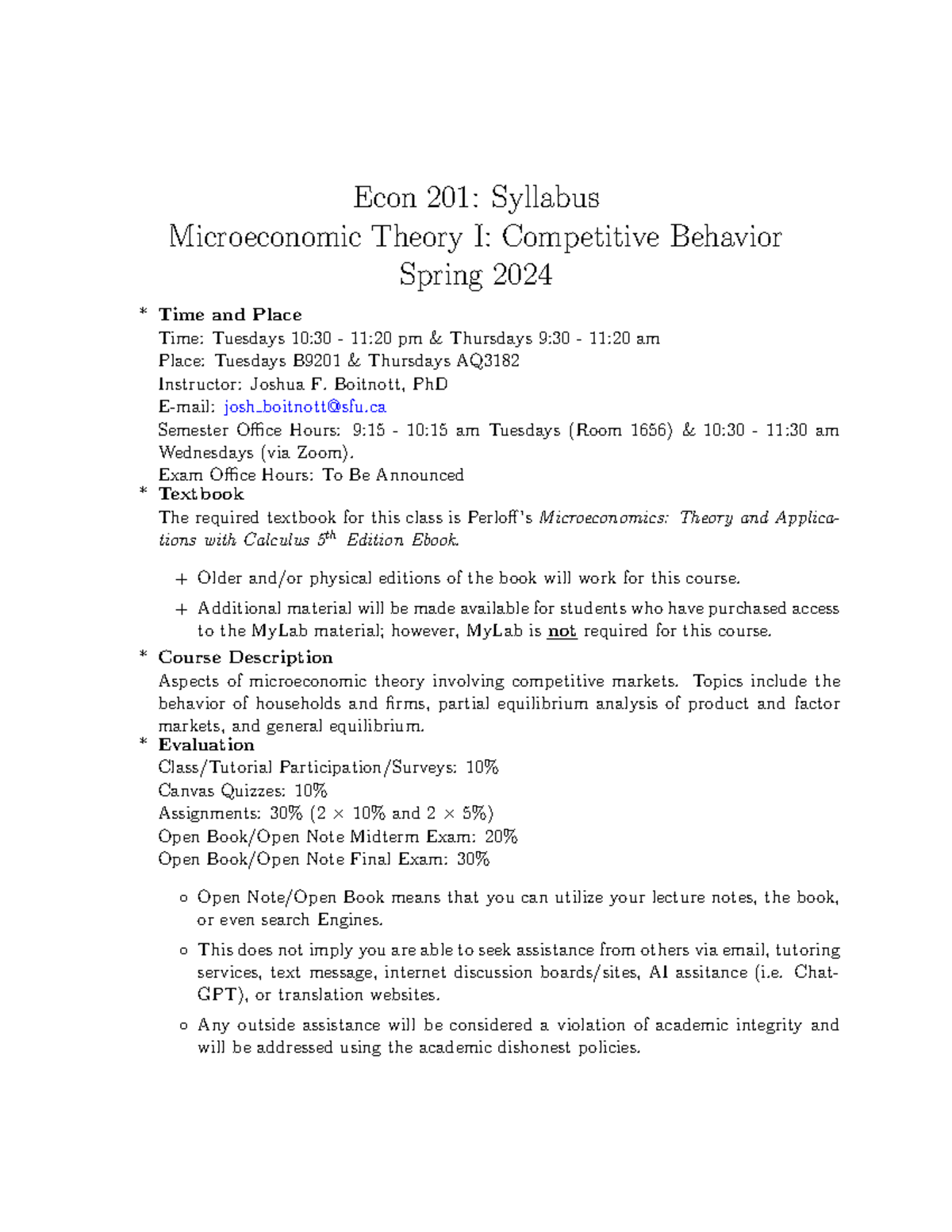 Econ201 Syllabus W24 - Econ 201: Syllabus Microeconomic Theory I ...