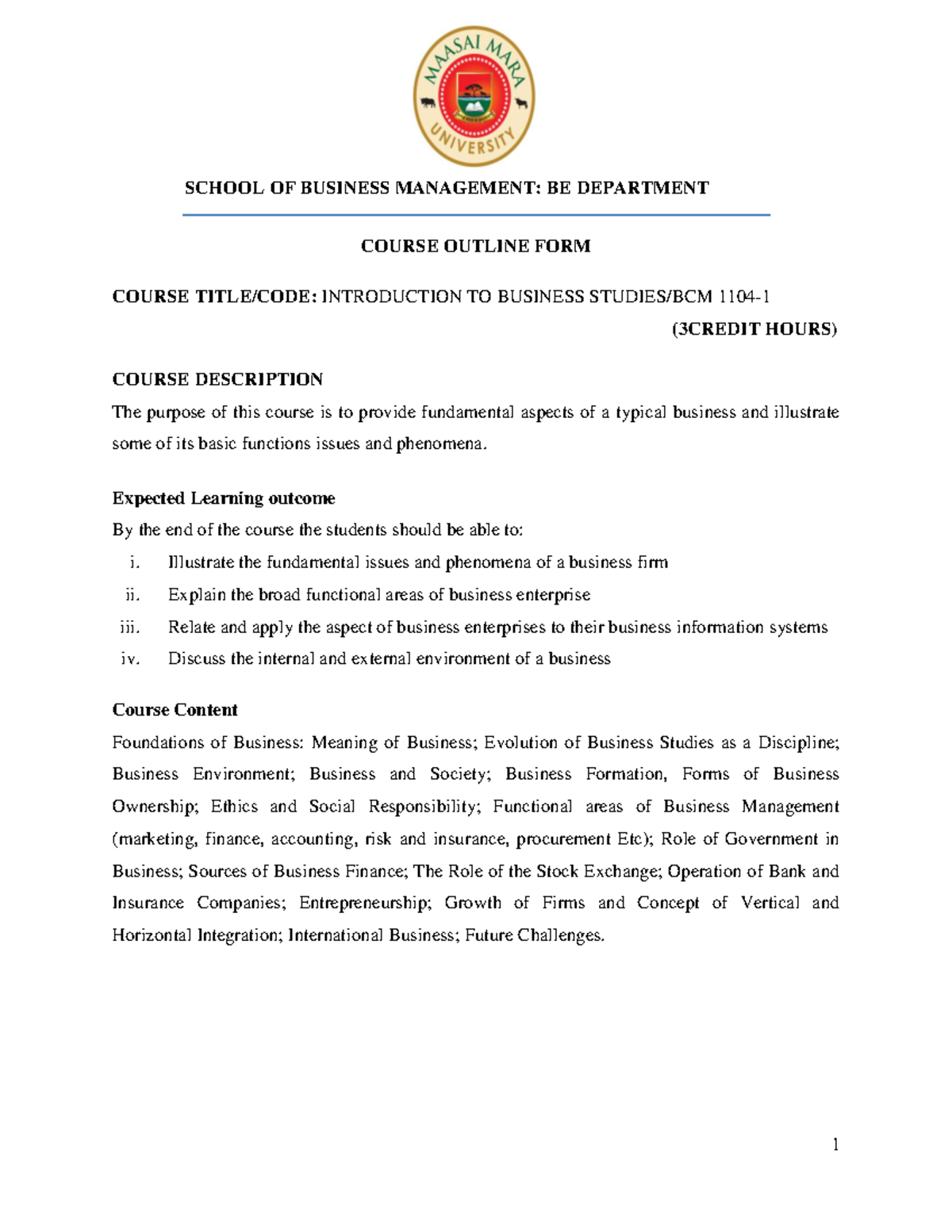 BCM 1104-1 Course Outline Introduction TO Business Studies - SCHOOL OF ...