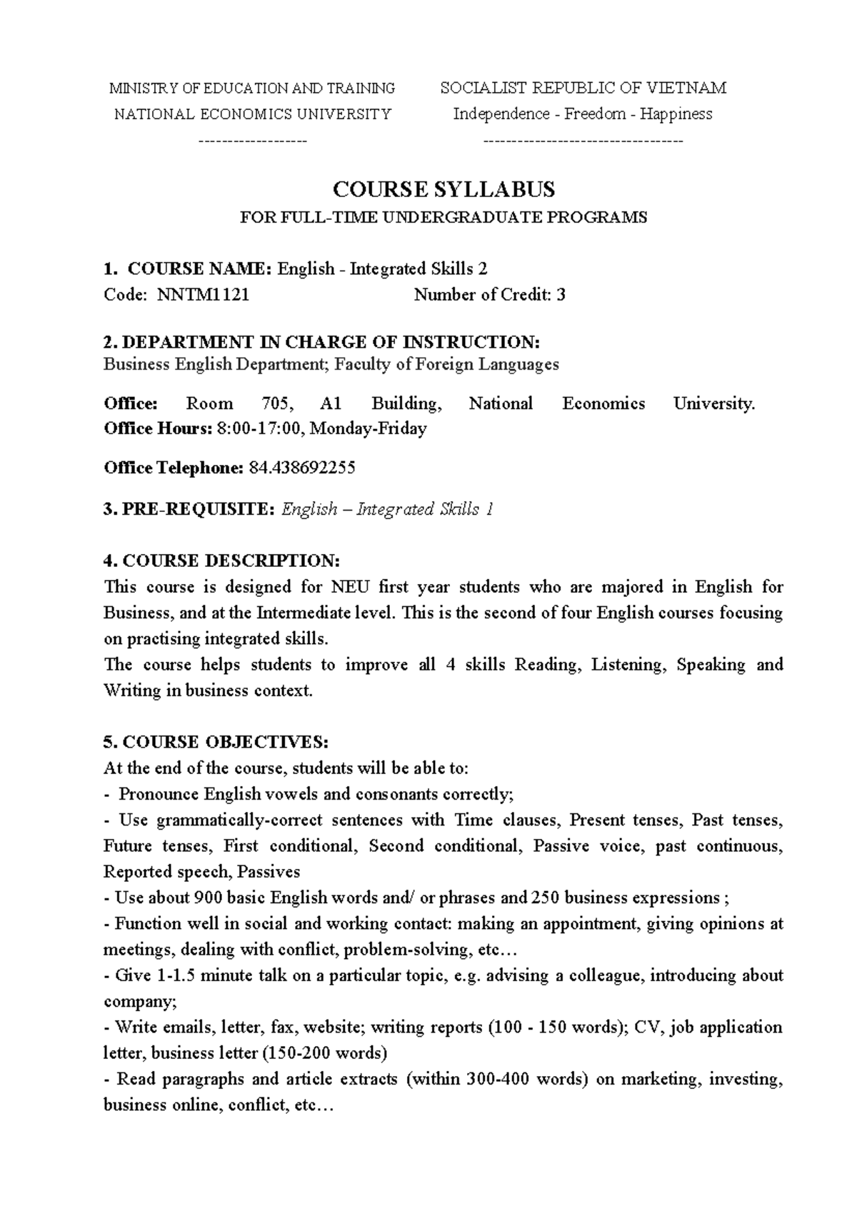 Syllabus 2 - uhnnn - MINISTRY OF EDUCATION AND TRAINING NATIONAL ...