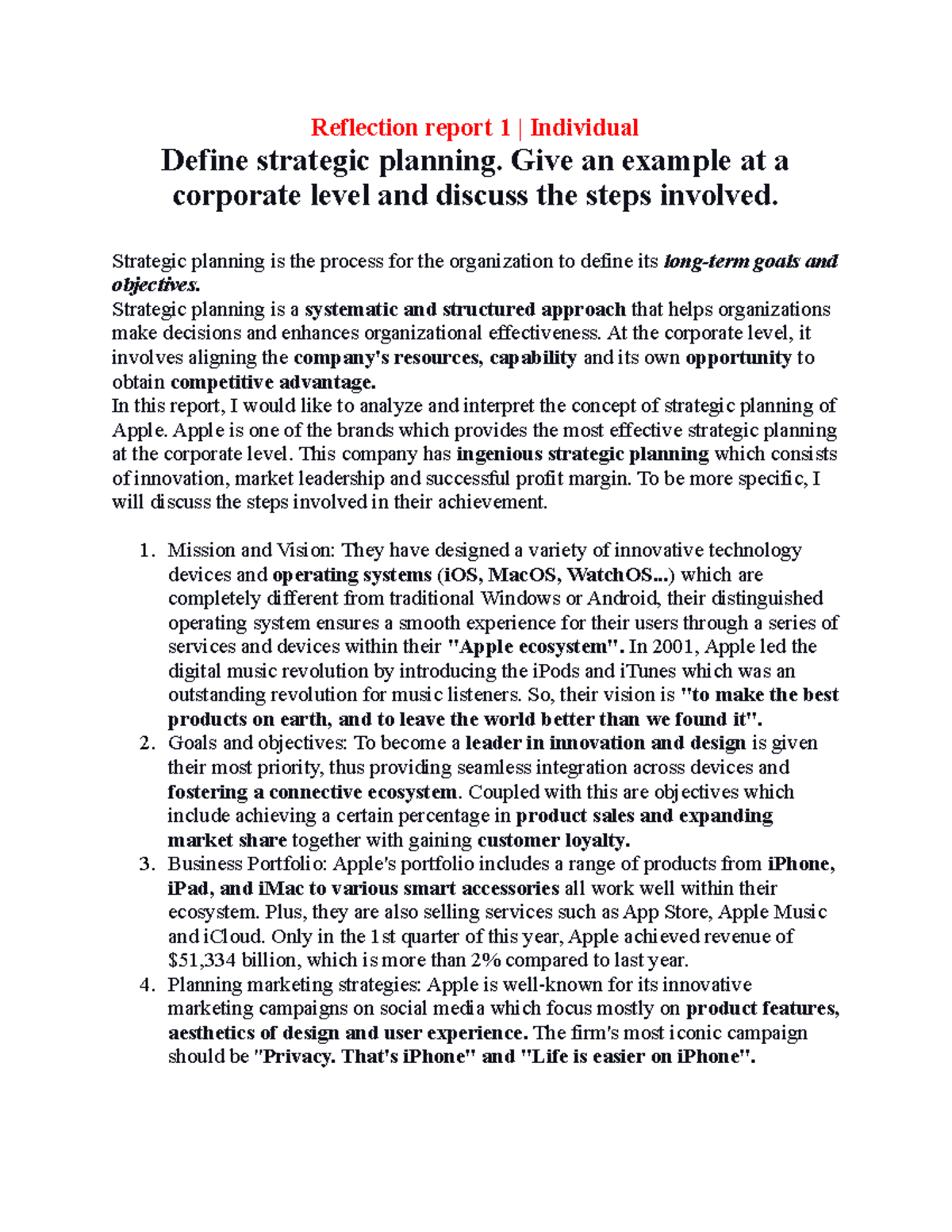 PMK Reflection report 1 - Give an example at a corporate level and ...