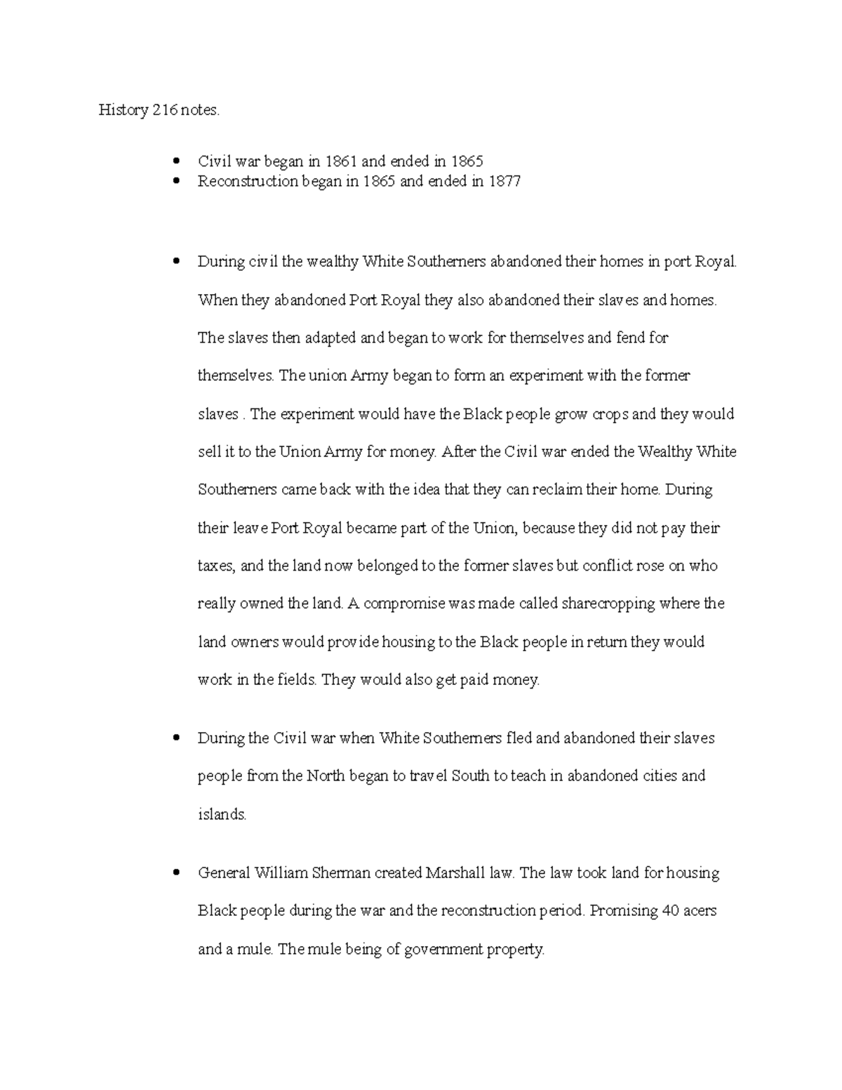 History 216 - Lecture notes 1 - History 216 notes. Civil war began in ...