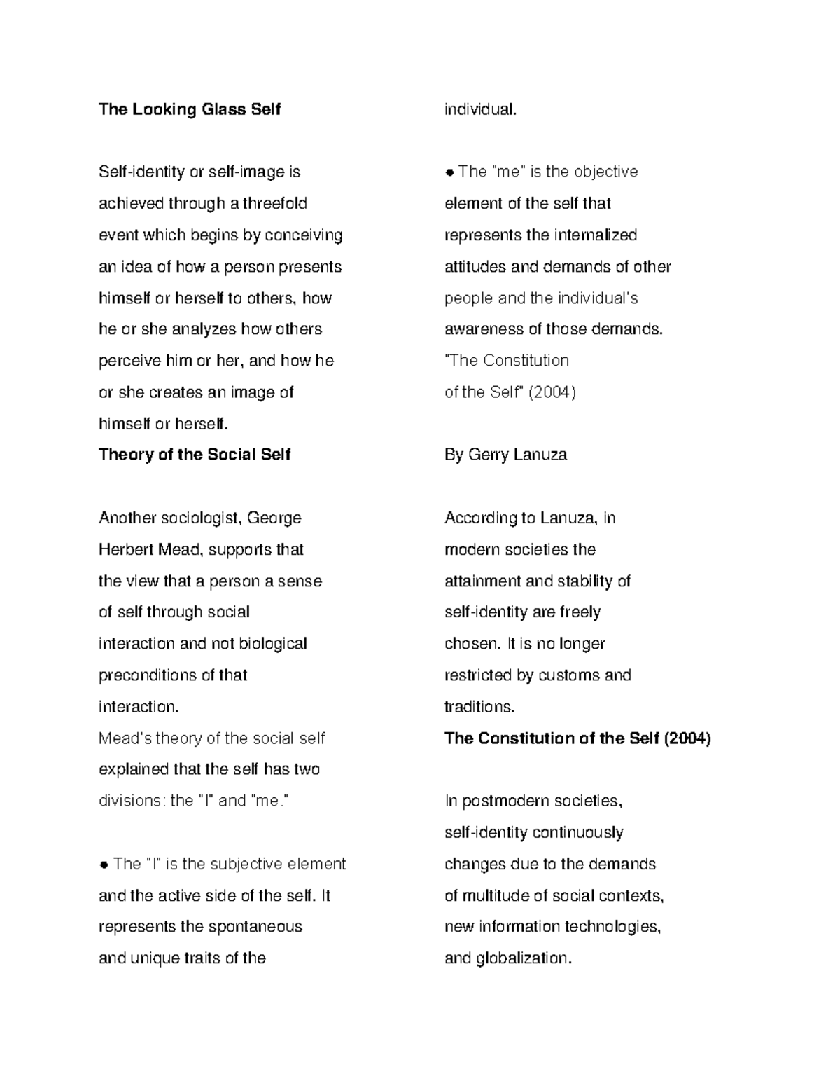 Lecture Notes 4 - PHILOSOPHY - The Looking Glass Self Self-identity or ...