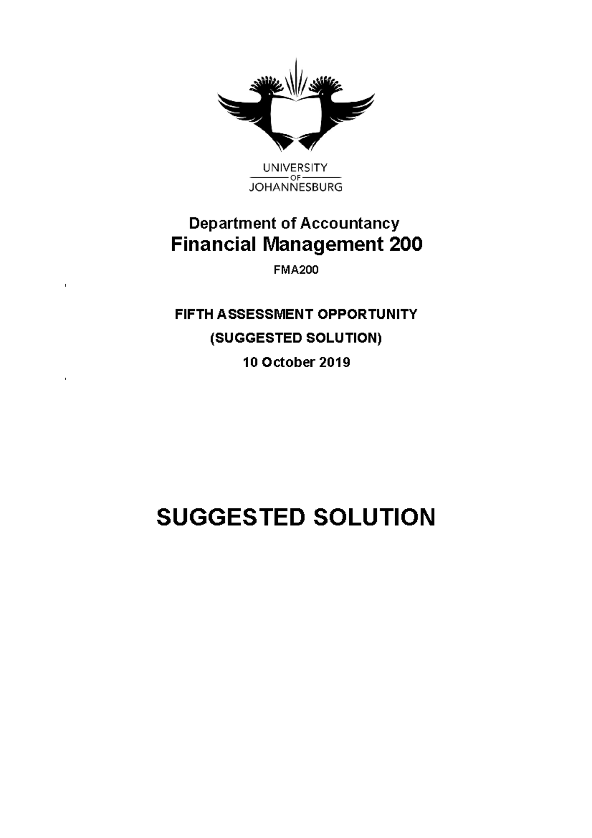 2019 FMA Assessment 5 Final Solution - Department of Accountancy ...