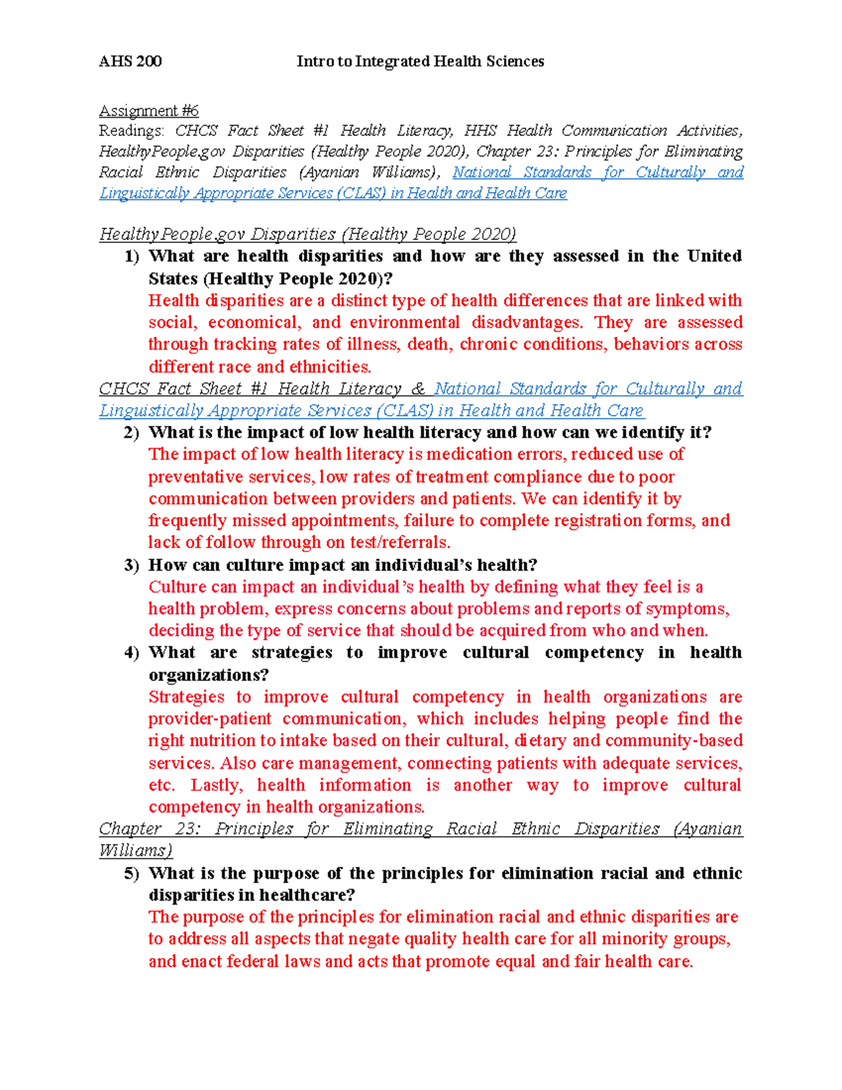 AHS200 Assignment#6 - AHS 200 assignment - AHS 200 Intro to Integrated ...