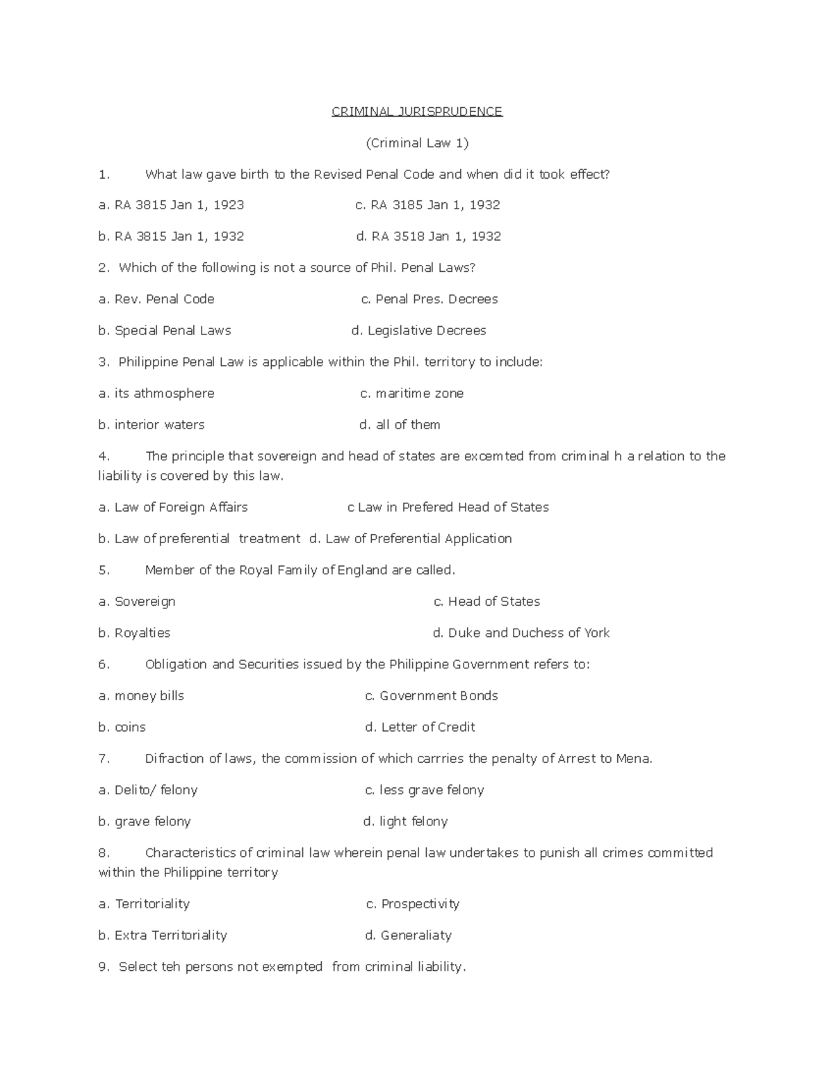 Criminal Jurisprudence - Practice Quiz - CRIMINAL JURISPRUDENCE ...