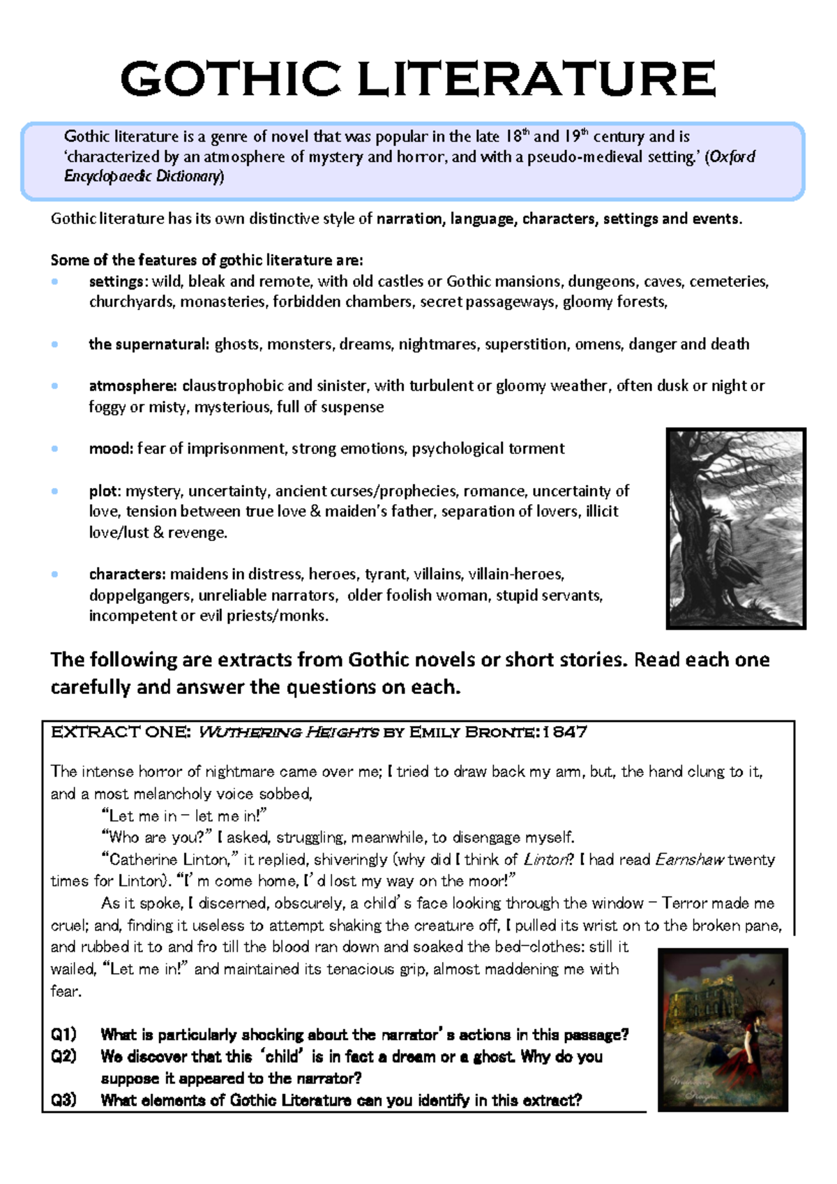 Gothic extracts and questions y8 - GOTHIC LITERATURE Gothic literature ...