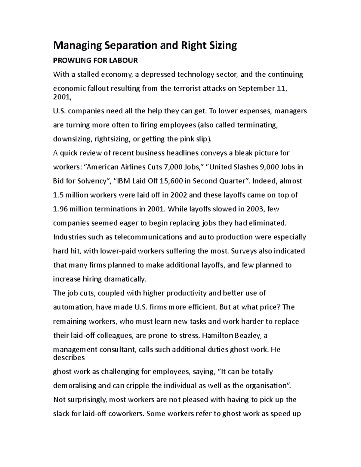 Managing Separation and Right Sizing notes - Managing Separation and ...