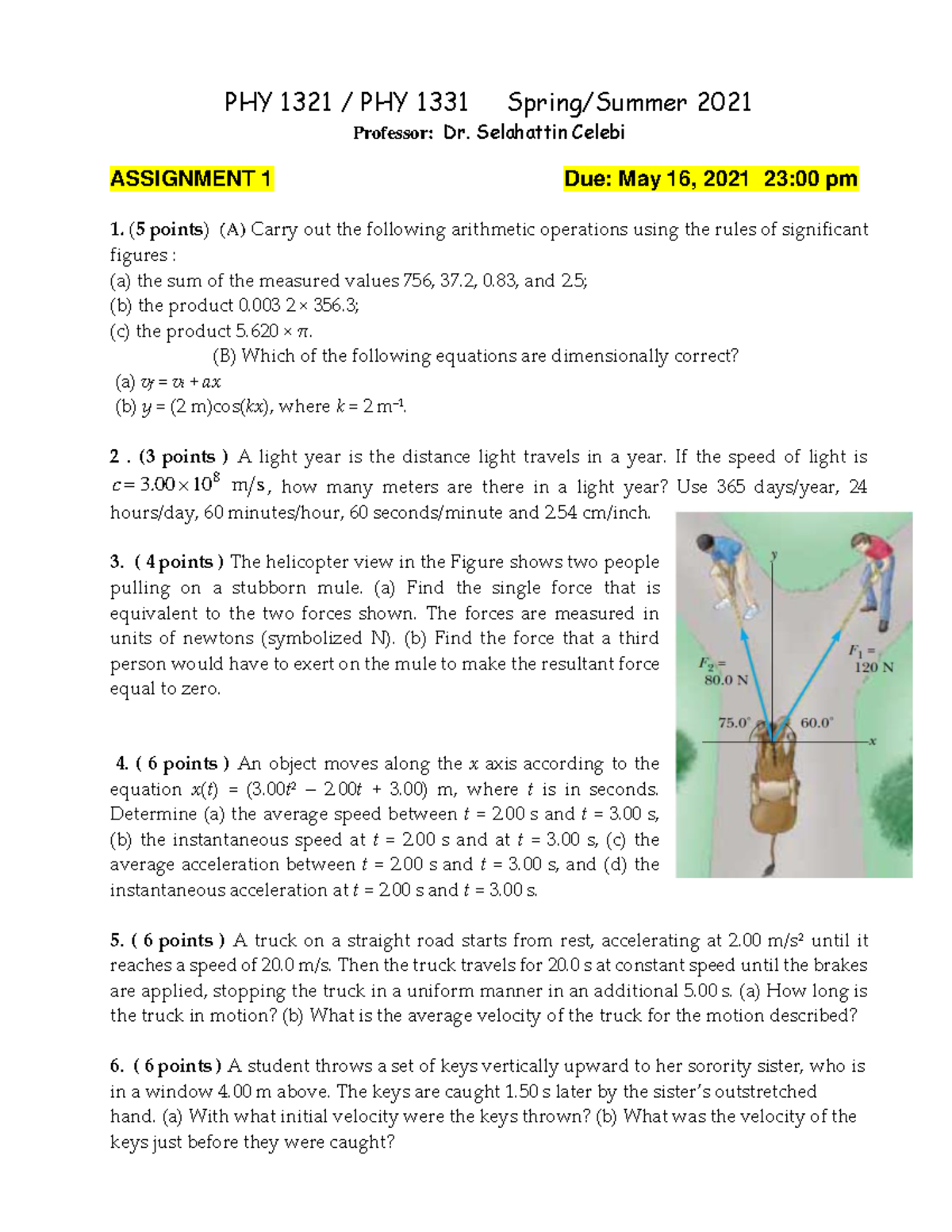 Assignment 1 2021 Chapter 1 - PHY 1321 / PHY 1331 Spring/Summer 2021 ...
