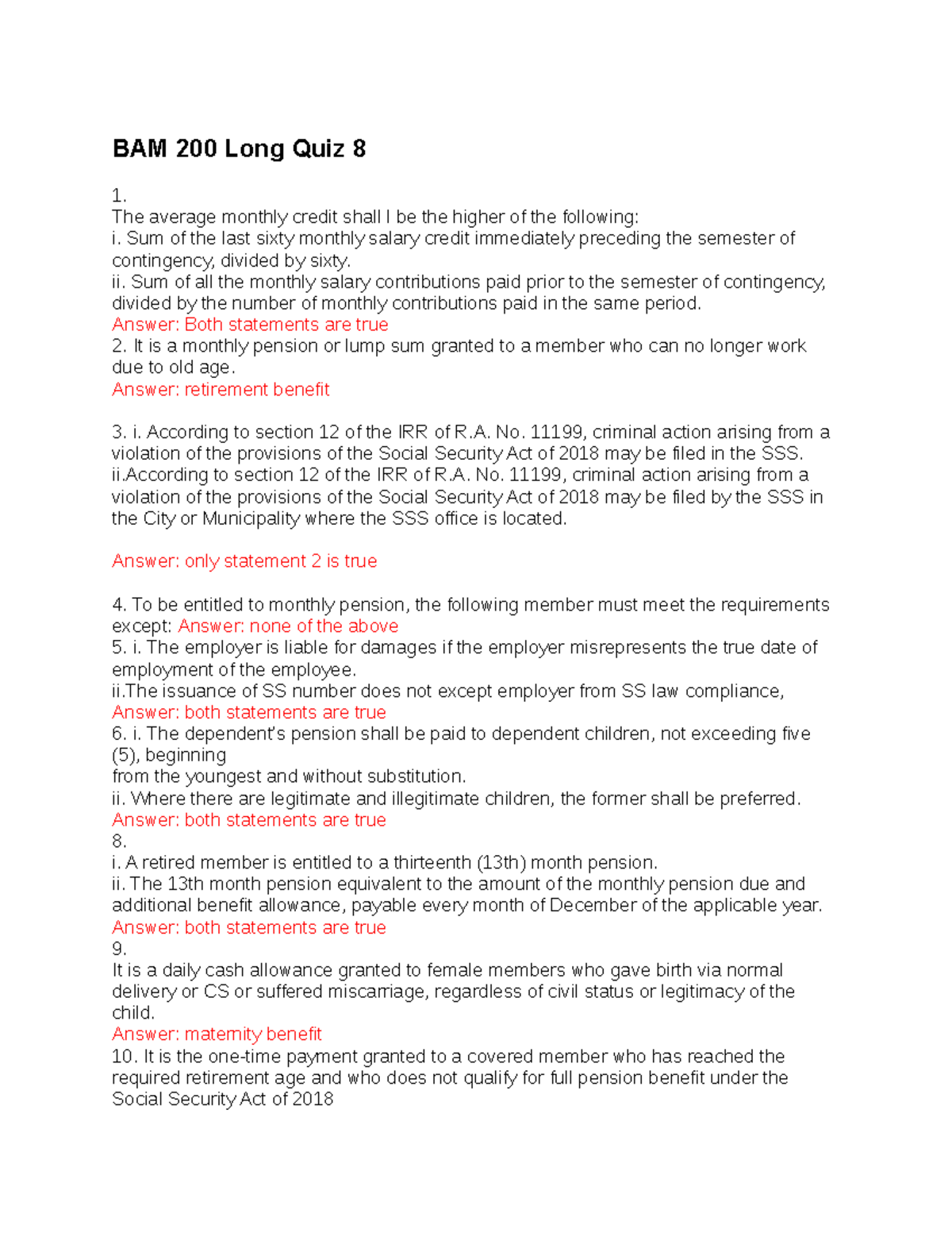 BAM 200 Long Quiz 8 - Law - BAM 200 Long Quiz 8 1. The average monthly ...
