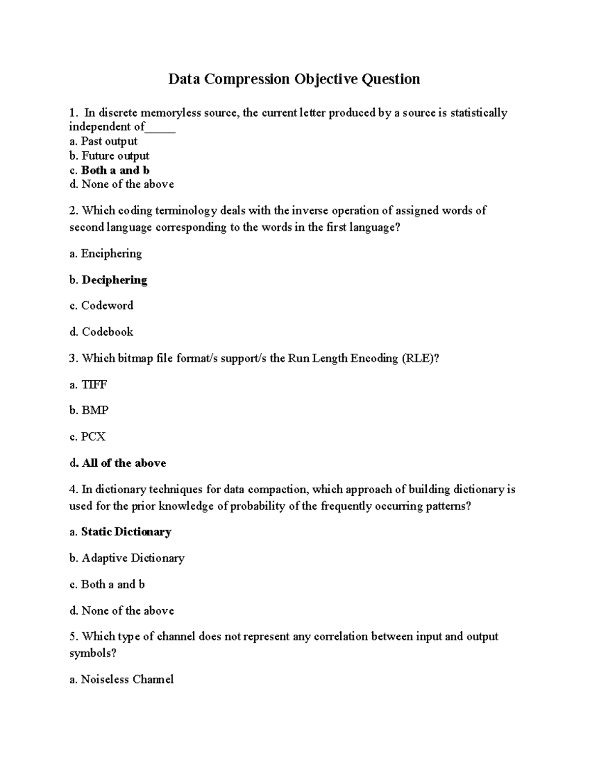 Unit 3 - Mcqs - Data Compression Objective Question In discrete memoryless source, the current ...