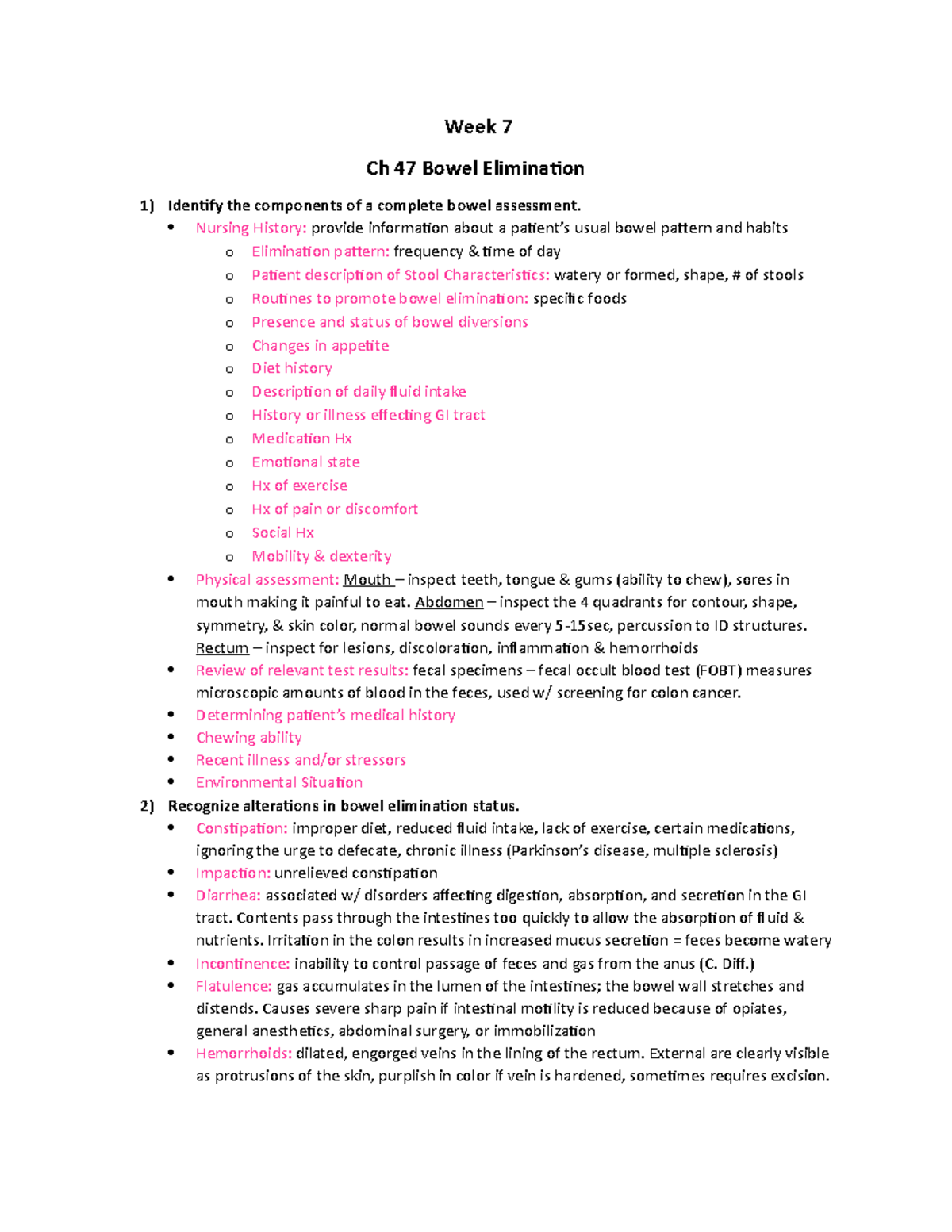 Week 7 Bowel & Urinary Eliminations Learning Objectives - Week 7 Ch 47 ...