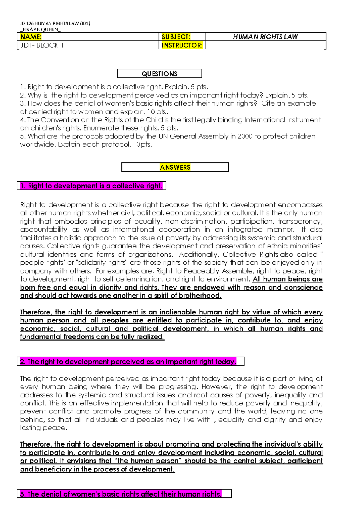 Human Rights EXAM Possible Questions - BRAVE QUEEN NAME: SUBJECT: HUMAN ...