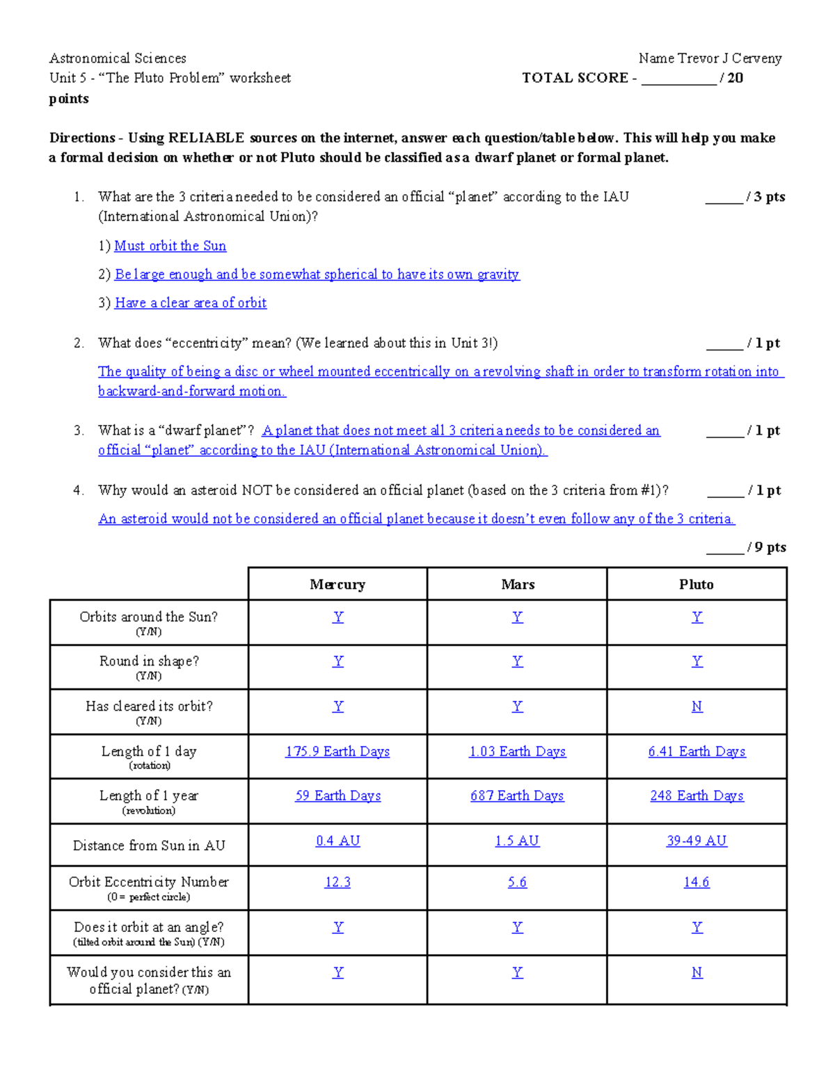 Trevor Cerveny - The Pluto Problem Worksheet - Astronomical Sciences ...