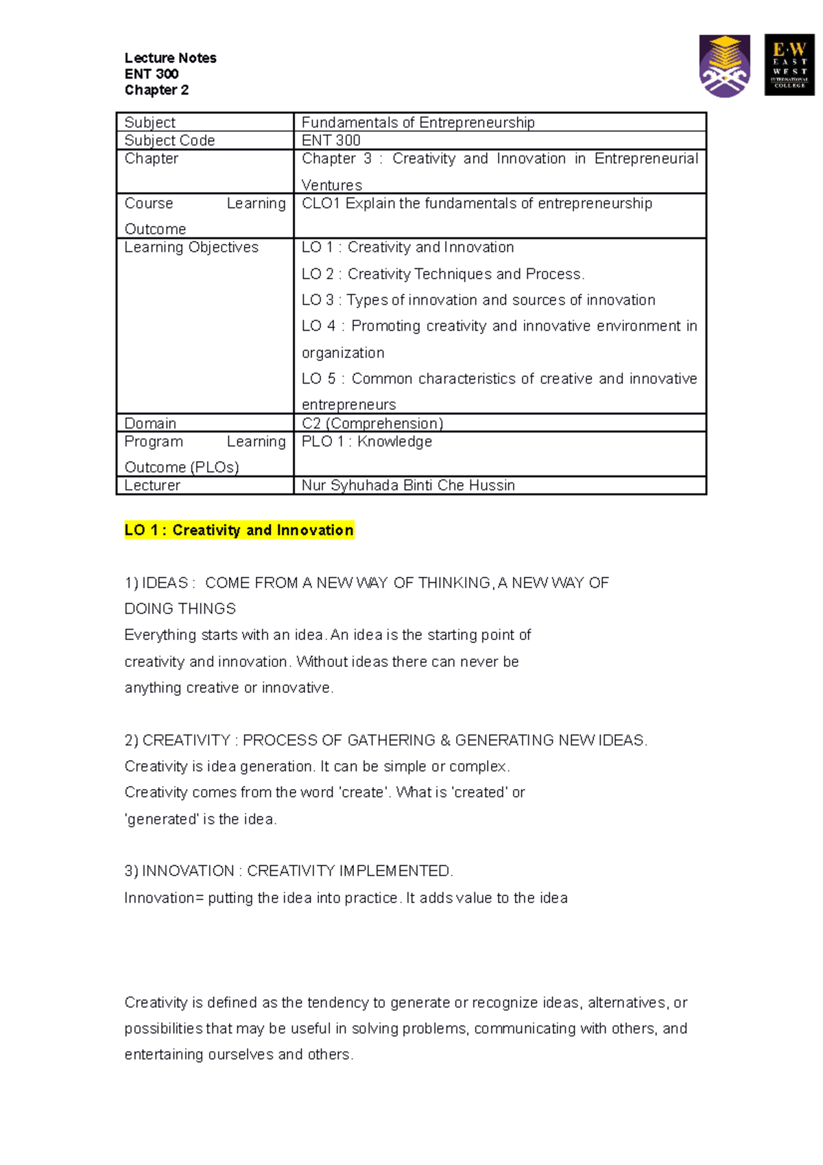 Lecture Notes ENT 300 Chapter 3 - ENT 300 Chapter 2 Subject ...