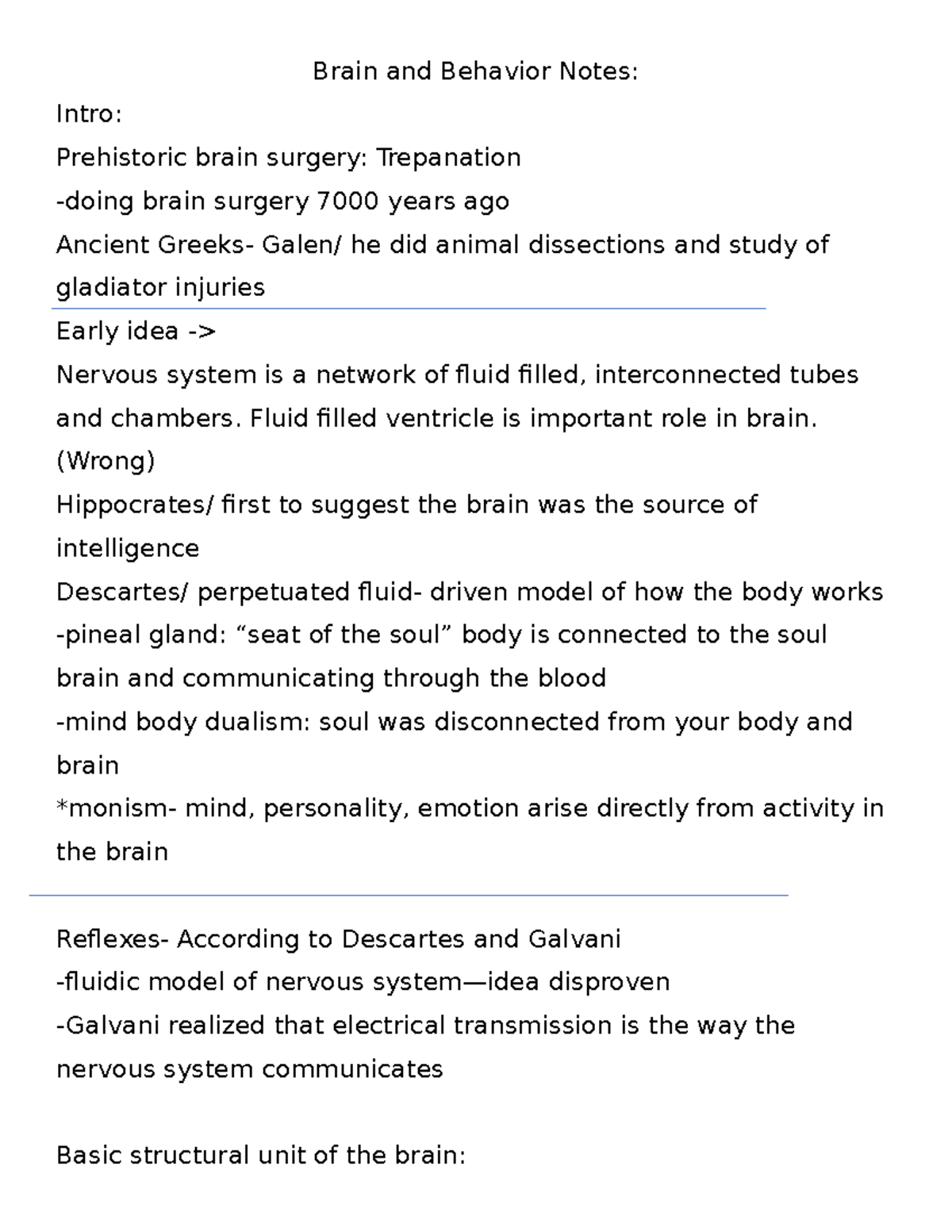 Brain and Behavior Notes - Brain and Behavior Notes: Intro: Prehistoric ...