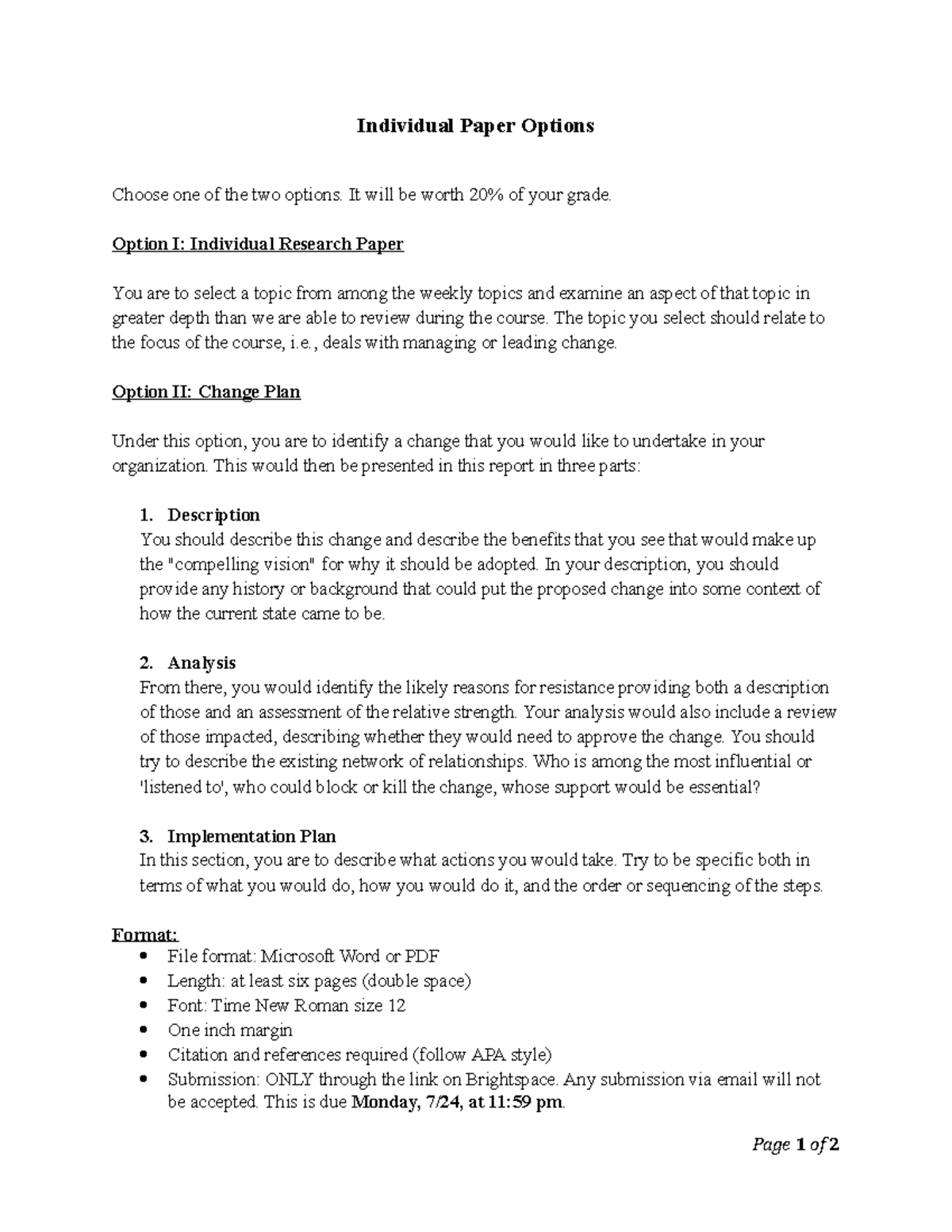 Change Plan OR Research Paper - MBA 654N - Studocu