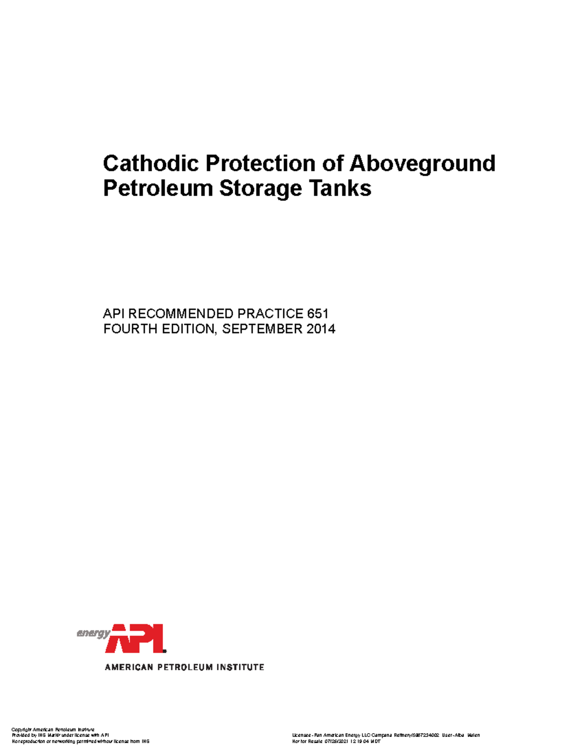 API 651 - TANQUES API 650 - Cathodic Protection of Aboveground ...