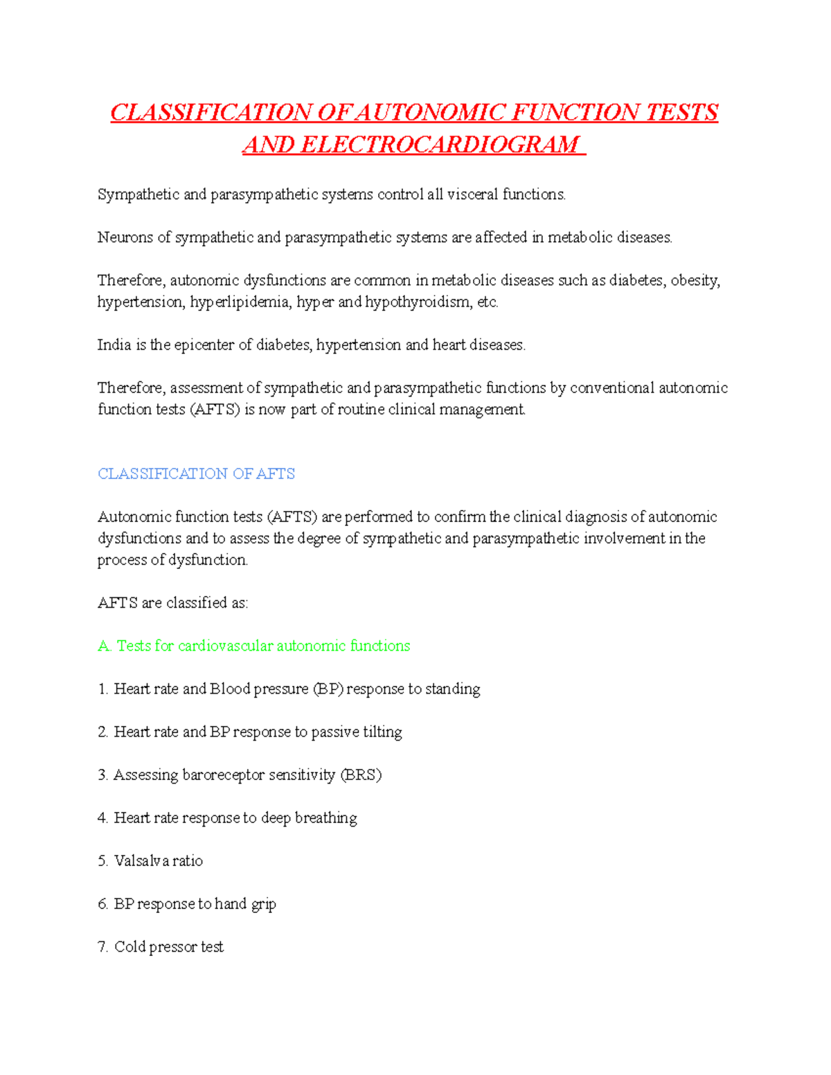 Classification OF Autonomic Function Tests AND Electrocardiogram ...