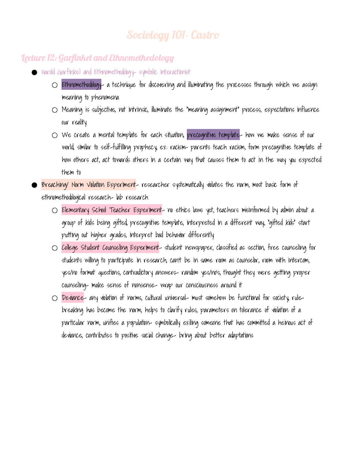Soc 101 Castro Lecture 12 - Sociology 101- Castro Lecture 12: Garfinkel ...