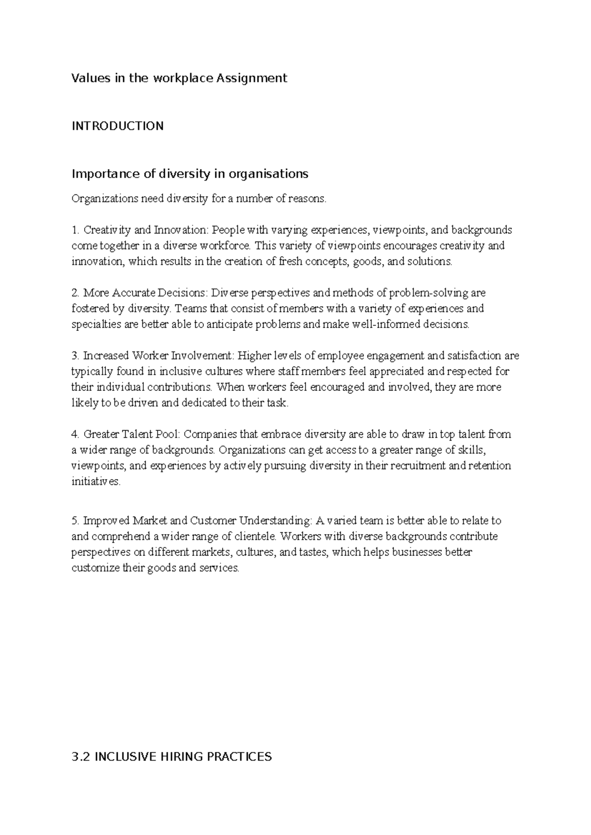 Values IN THE Workplace Assignement - Values in the workplace ...