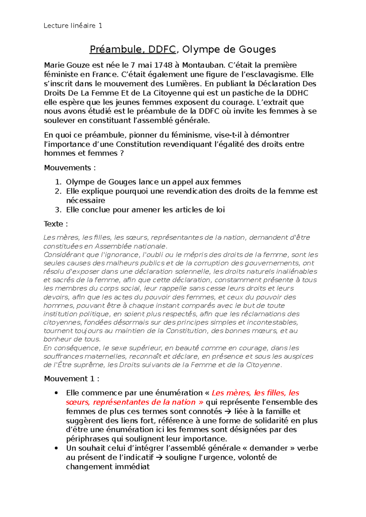 lecture linéaire Préambule ddfc Olympe De Gouges - Lecture linéaire 1 Préambule, DDFC, Olympe de ...