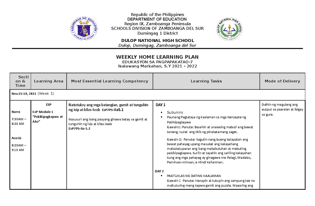 WHLP-ESP7-Q2 - learning plan - Republic of the Philippines DEPARTMENT ...