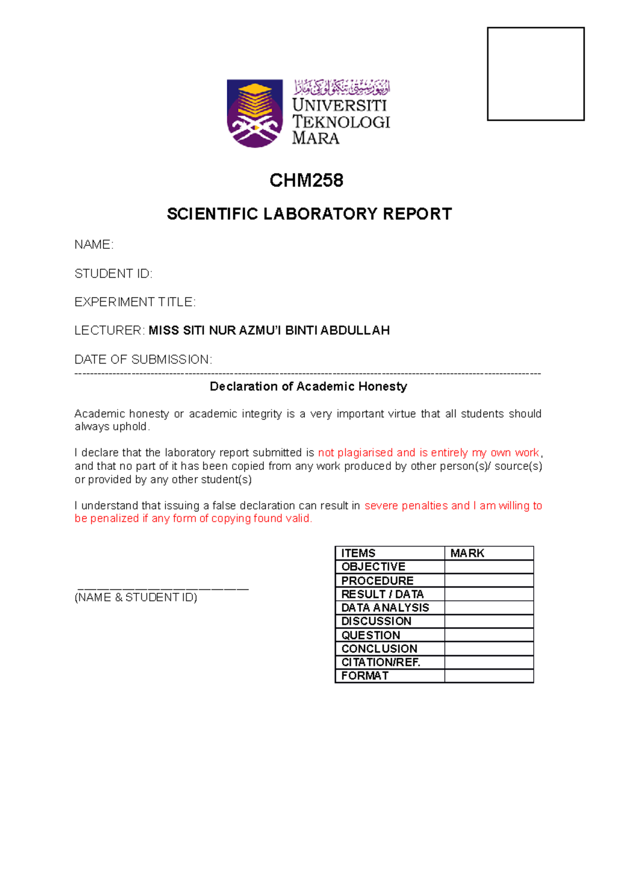 Front Cover Laboratory Report - CHM SCIENTIFIC LABORATORY REPORT NAME ...