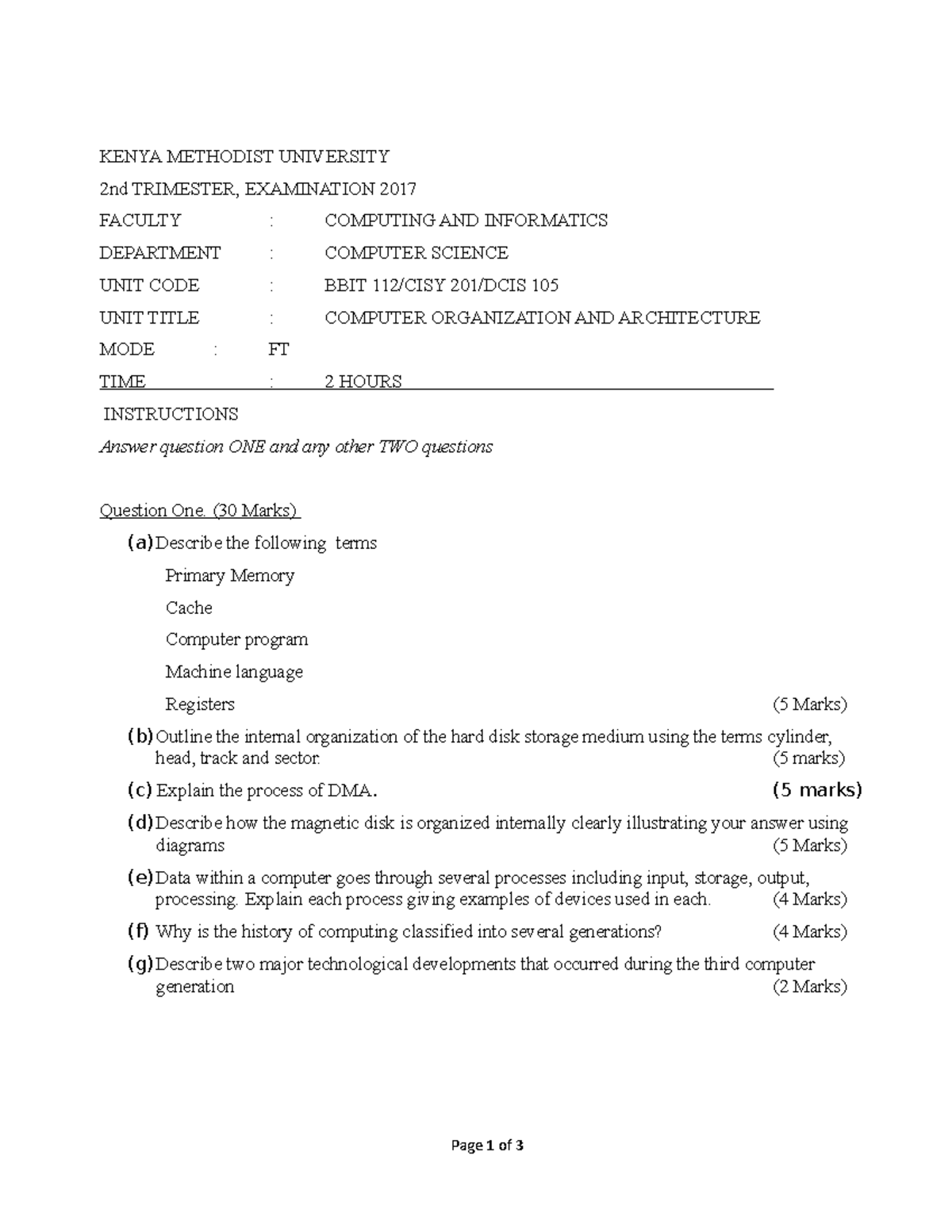 Computer Organization AND Architecture (BBIT 112) (CISY 201) FT EXAM ...