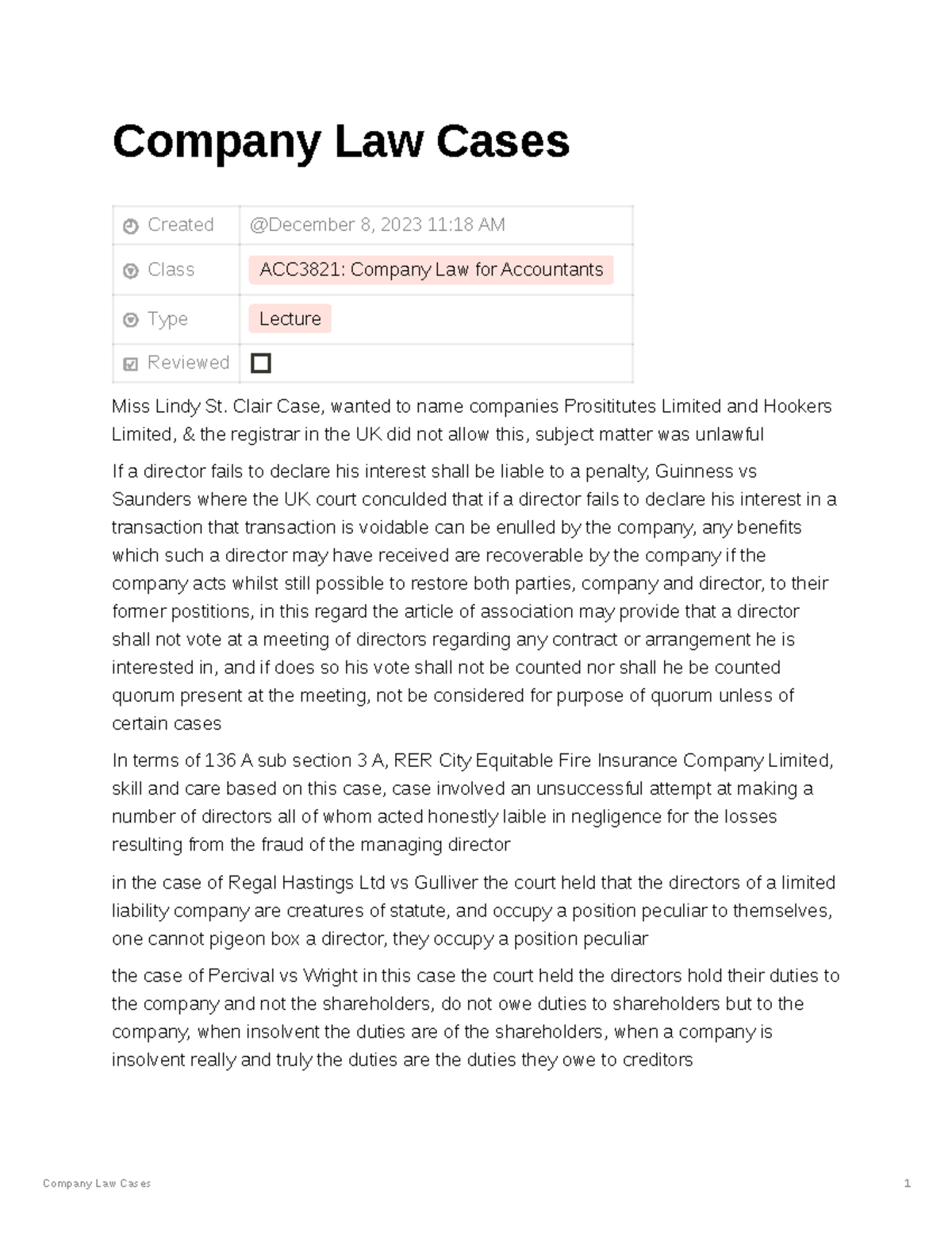 Company Law Cases - Company Law Cases Created Class ACC3821: Company ...