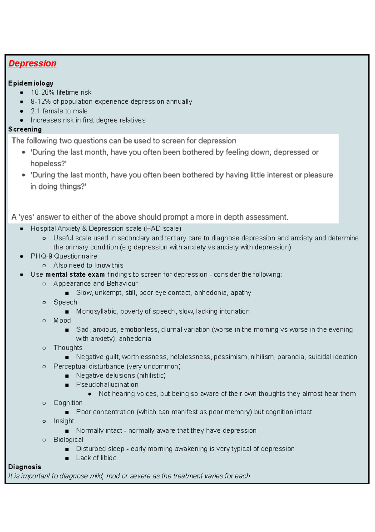 Depression - Lecture notes Year 4 Psychiatry - Depression Epidemiology ...