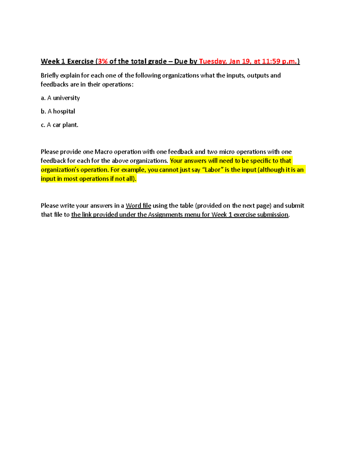 Operations management assignment - Week 1 Exercise ( 3% of the total ...