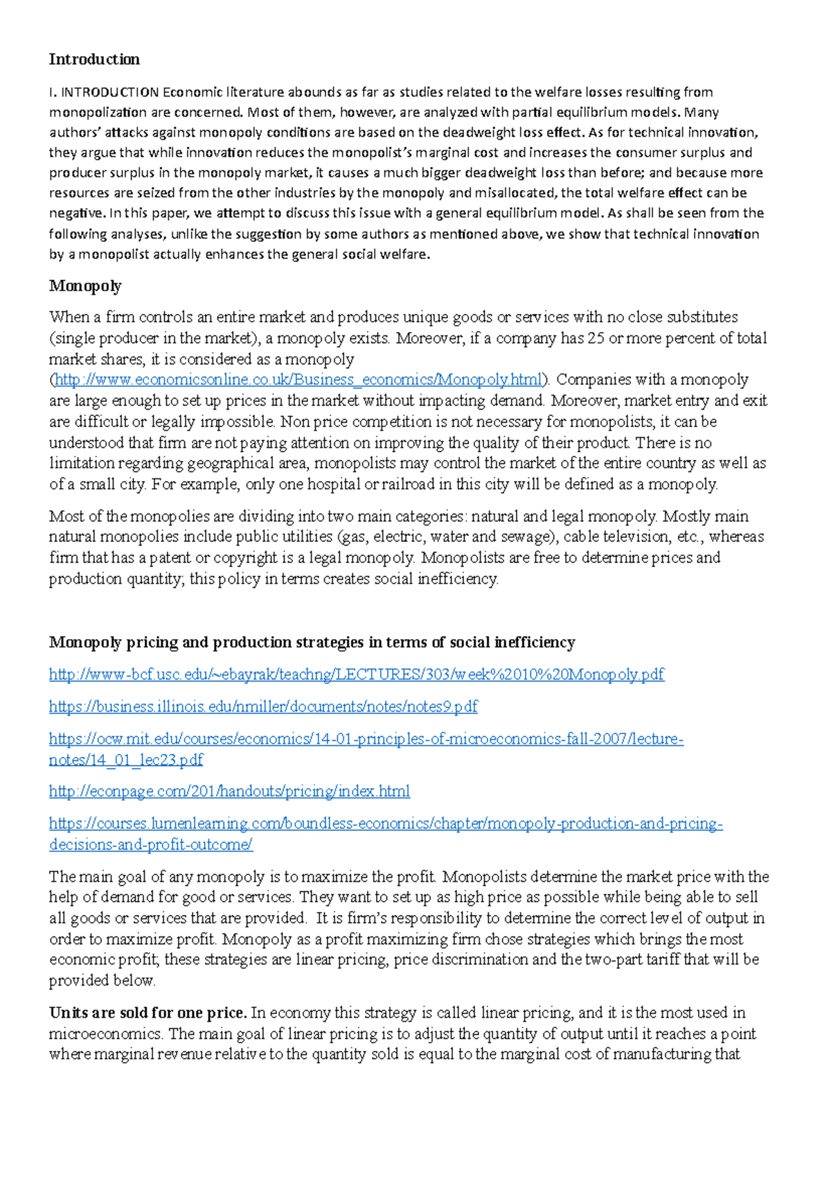 Micro cw - monopoly - Introduction I. INTRODUCTION Economic literature ...