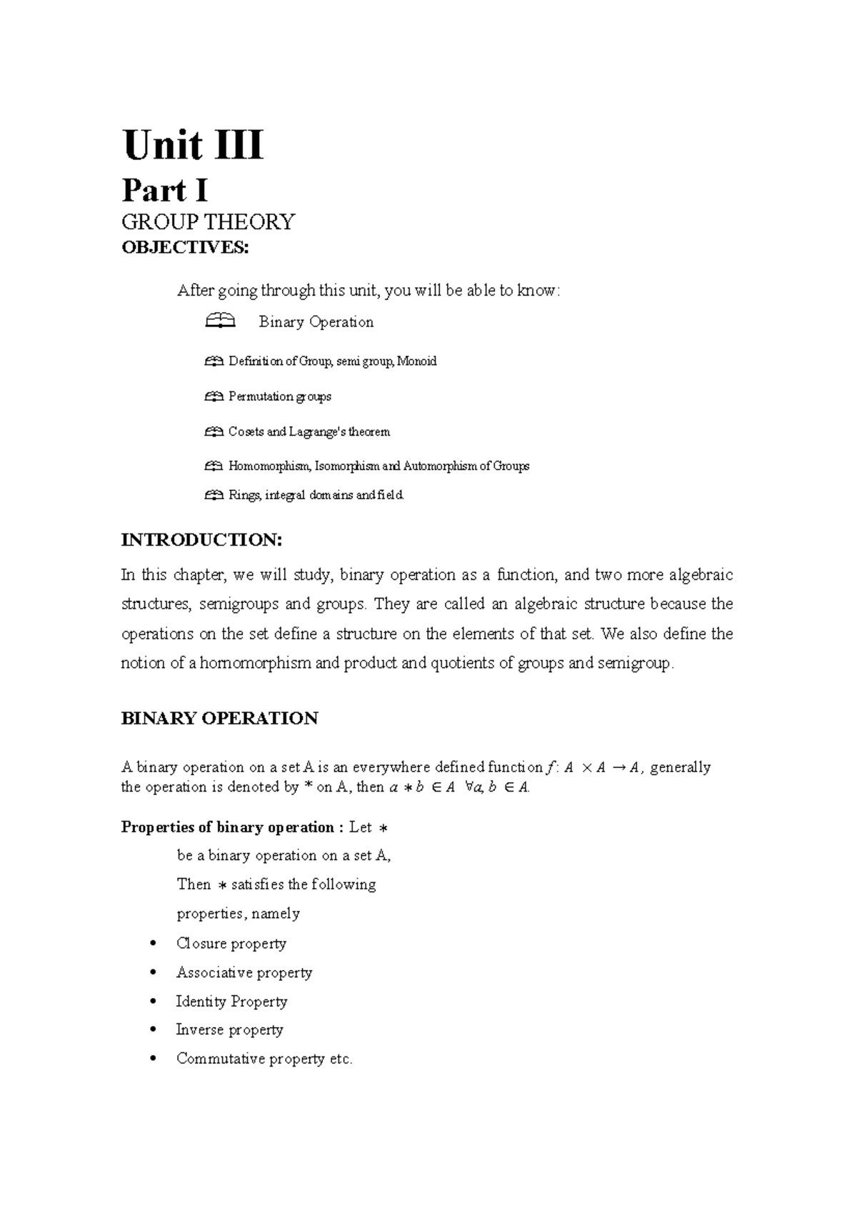 Unit Iii Discrete Maths Part I Group Theory Unit Iii Part I Group Theory Objectives After