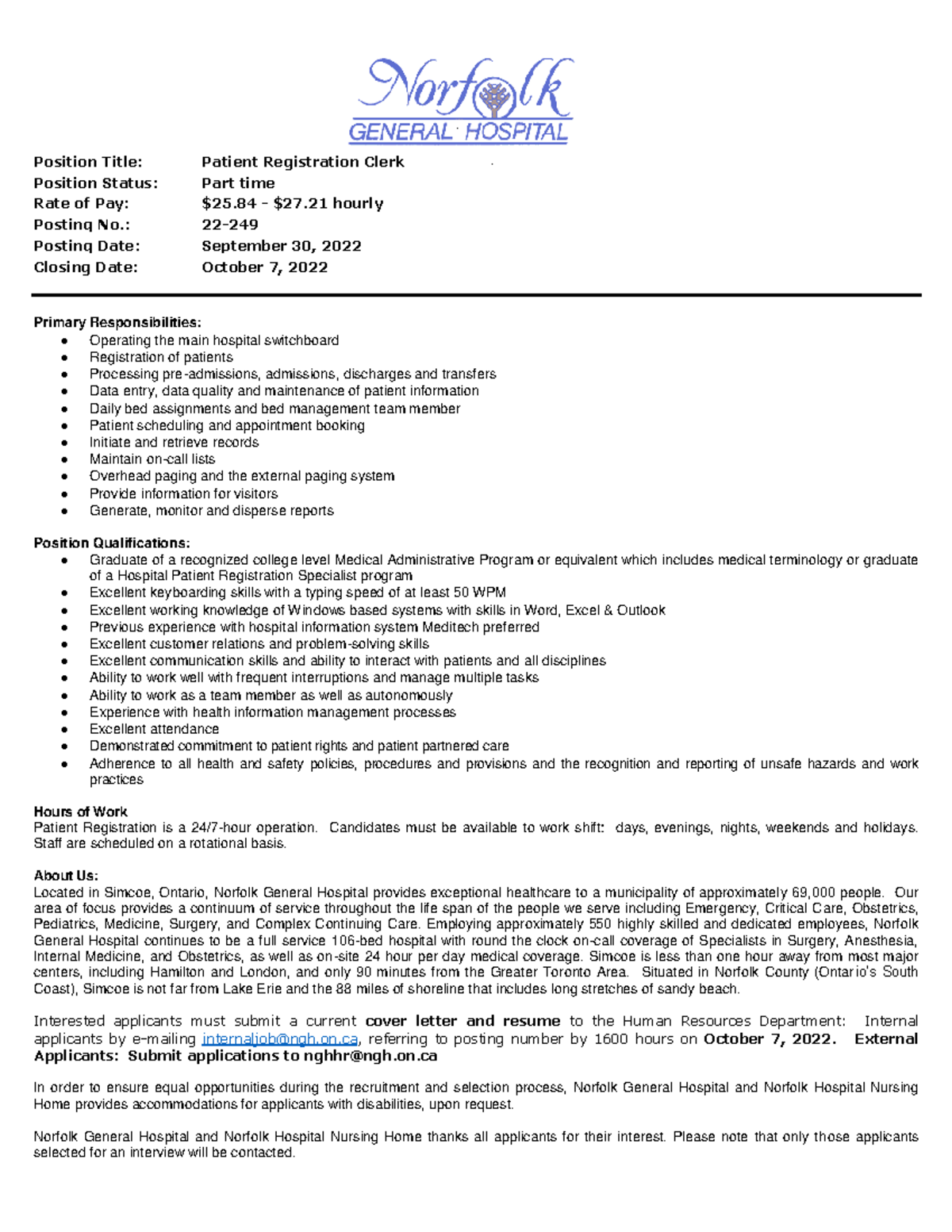 22-249-PT-Patient-Registration-Clerk Sep 2022 - Position Title: Patient ...