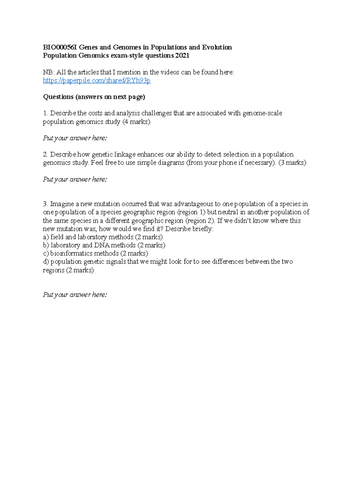 BIO00056 I populations genomics exam style questions - BIO00056I Genes and Genomes in ...