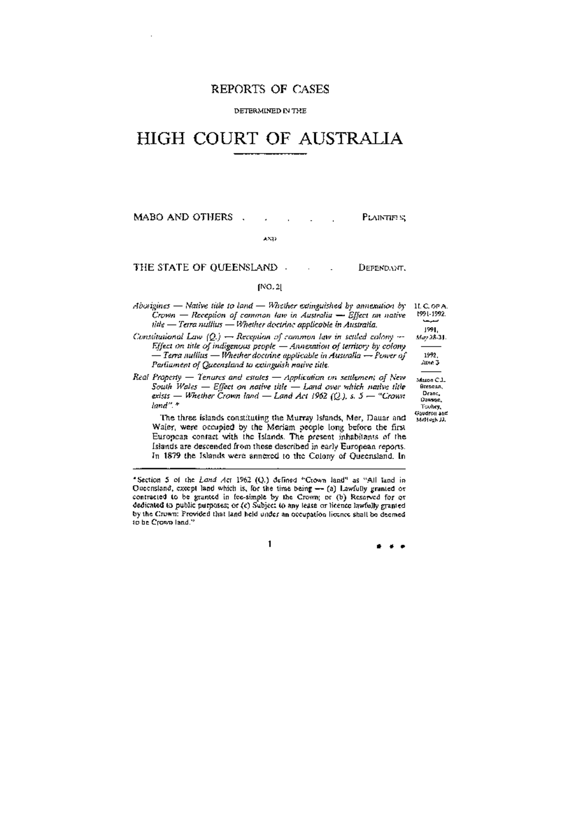Mabo highlighted 2024 - REPORTS OF CASES DETERMINED IN THE HIGH COURT ...