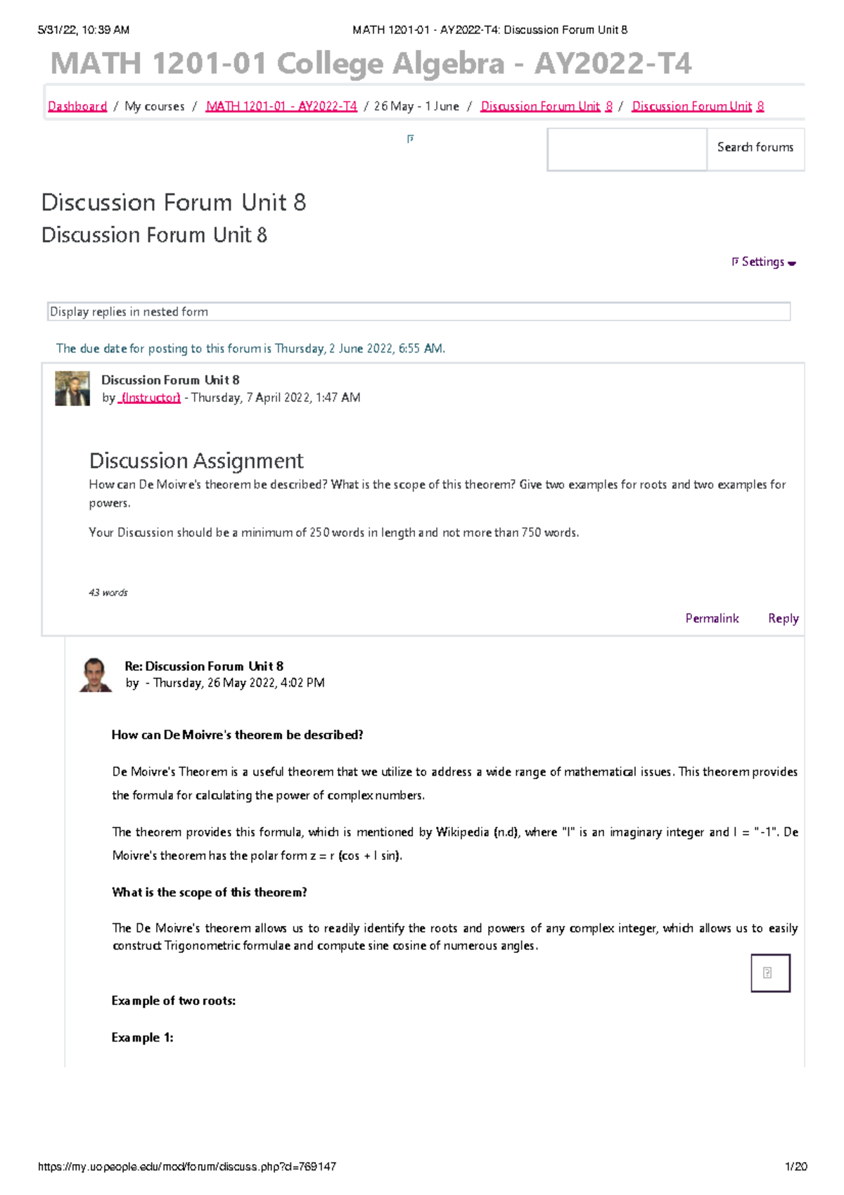 MATH 1201-01 - AY2022-T4 Discussion Forum Unit 8E - MATH 1201-01 College Algebra - AY2022-T ...