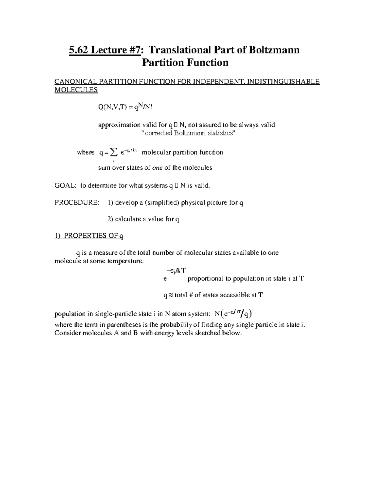 Translational Part Of Boltzmann Partition Function 5 Lecture 7 Translational Part Of