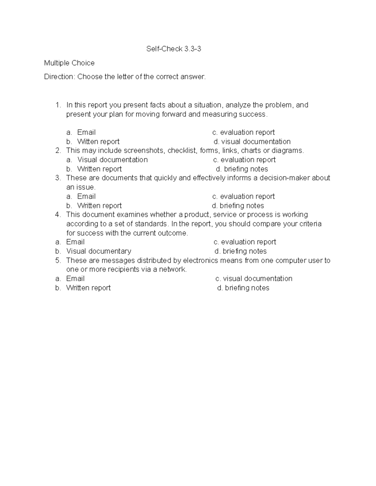 Self check - NB MFCG - Self-Check 3- Multiple Choice Direction: Choose ...