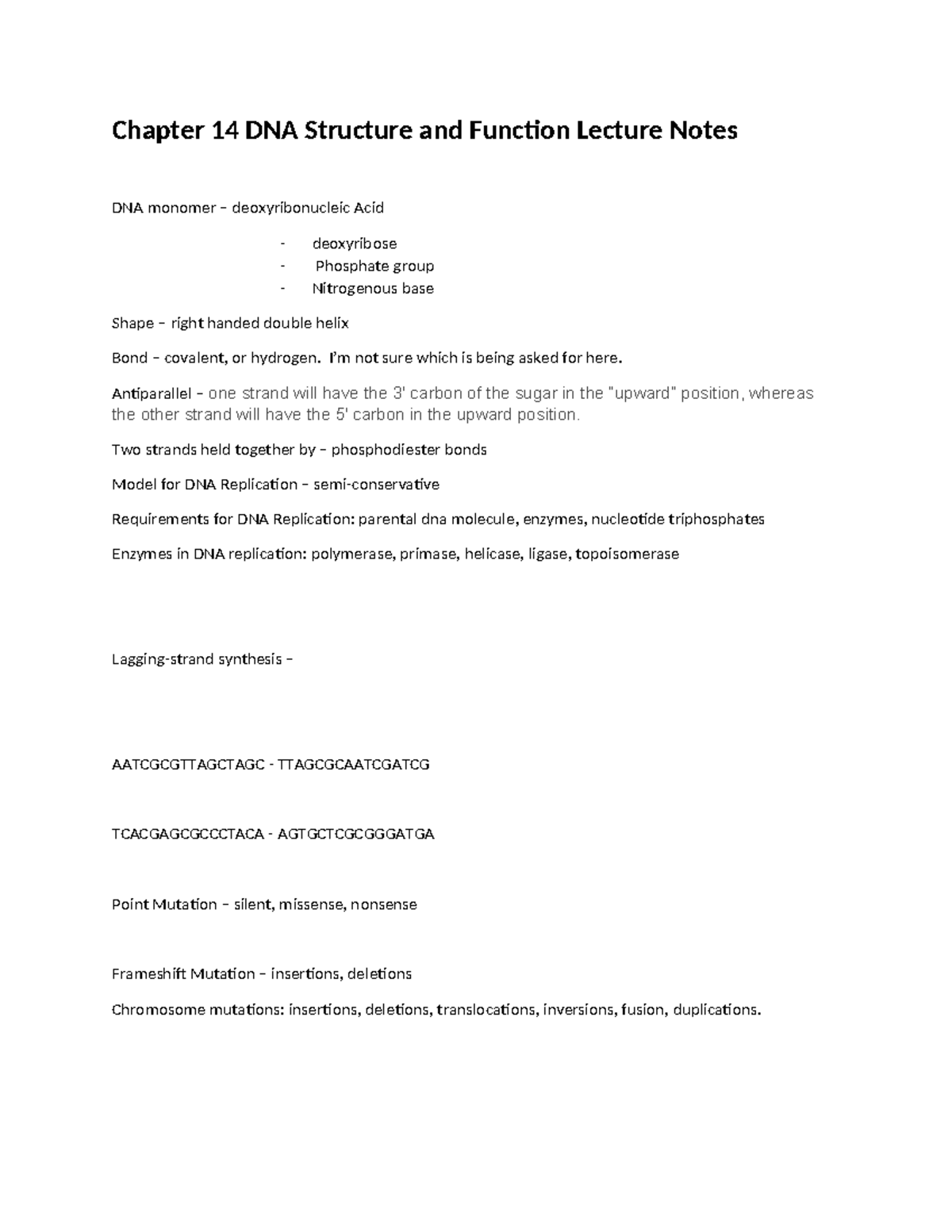 Chapter 14 Dna Structure And Function Lecture Notes I M Not Sure