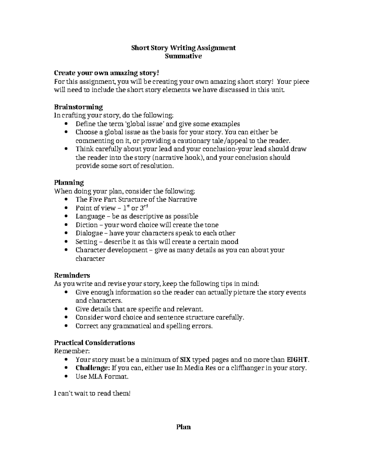 9th+Short+Story+Writing+Plan - Short Story Writing Assignment Summative ...